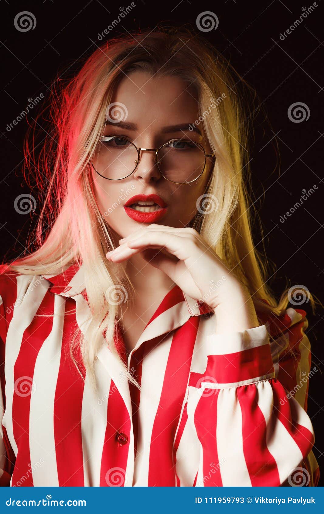 Seductive Young Woman With Red Lips Wearing Glasses Posing With Stock
