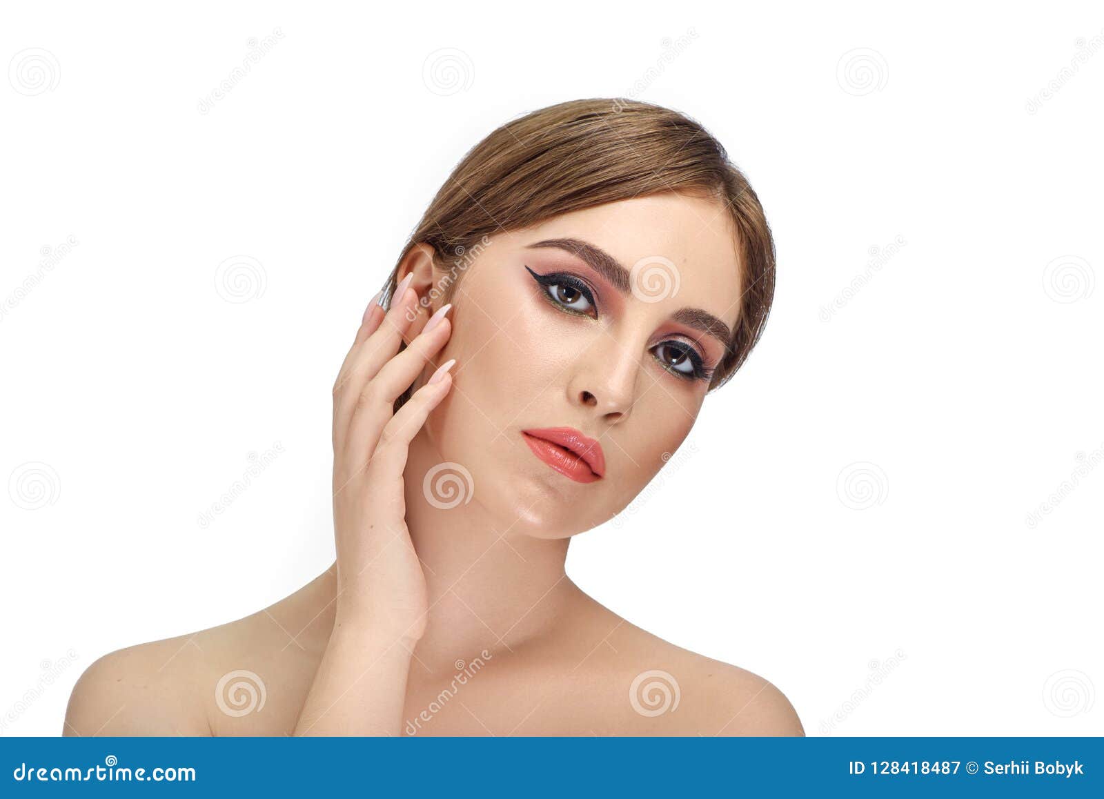 Seductive Girl With Professional Make Up Touching Her Face By Fingers