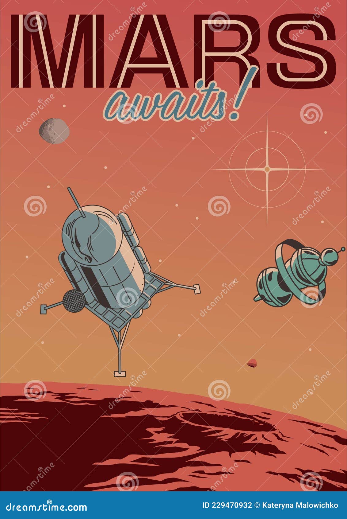 Mars Awaits! Retro Future Space Poster Stock Vector - Illustration of ...