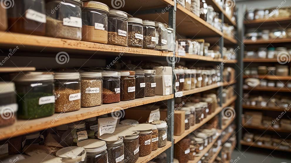 Seed Bank Shelves in Storage Stock Image - Image of cashews, shelves ...