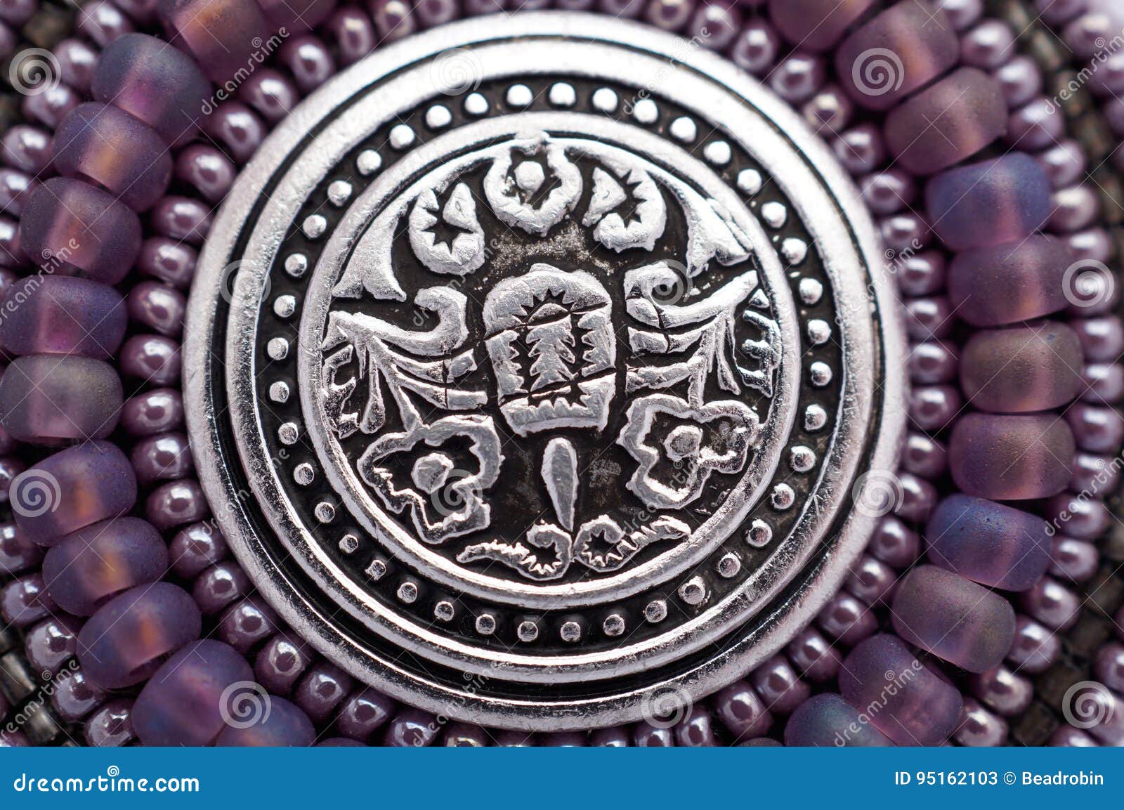 Seed Bead Embroidered Lilac Mandala with Metal Button Stock Image ...