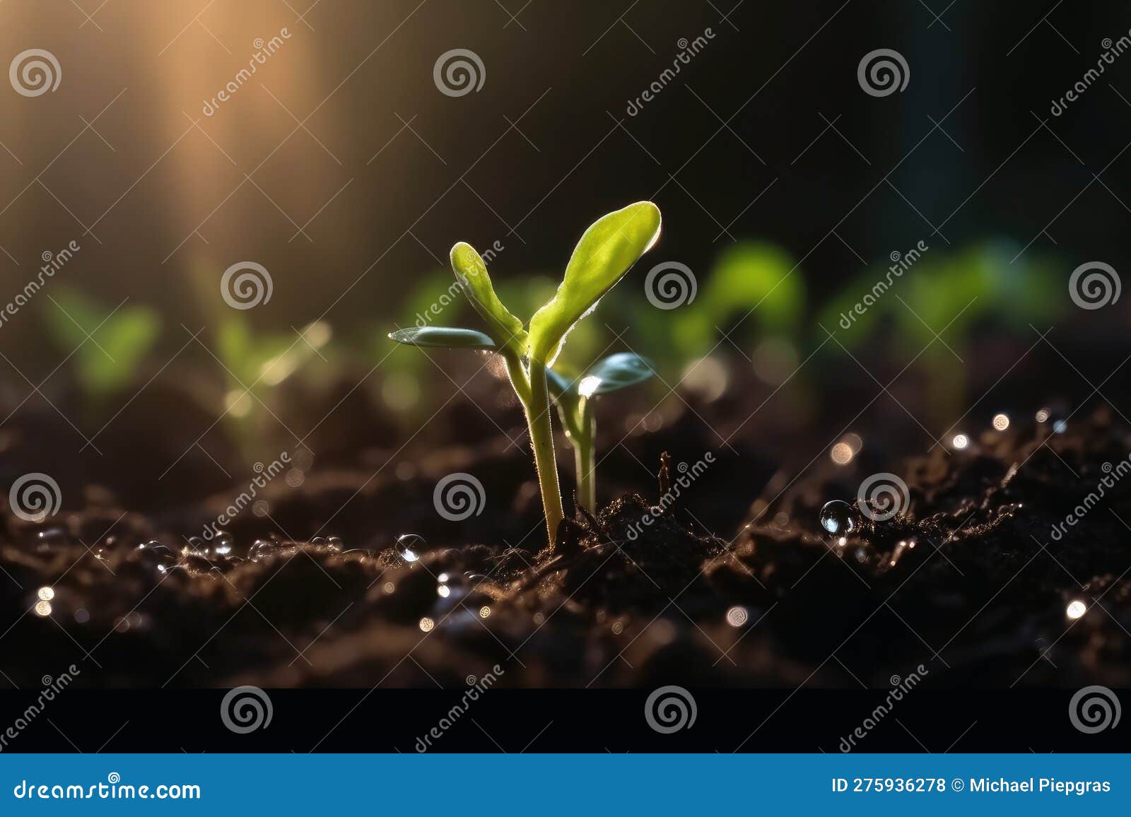 Seedling in Dark Soil with a Drop of Water in the Sunlight Created with ...