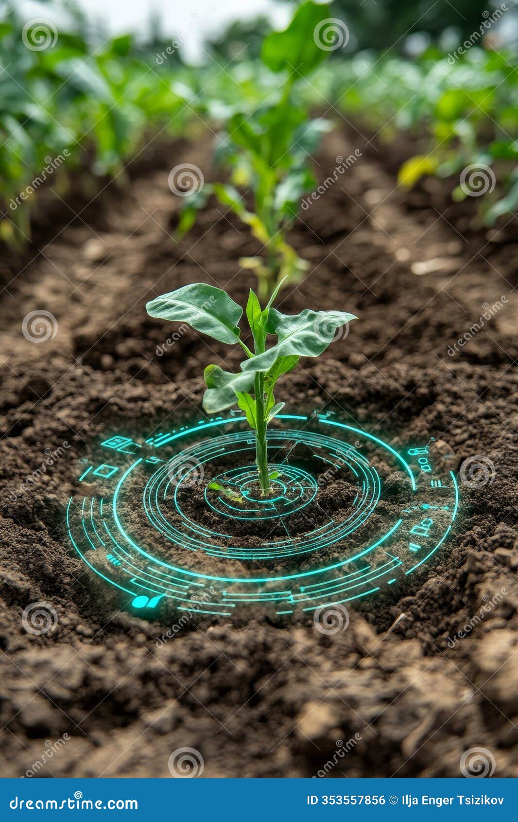 Seedling Growing from Fertile Soil with Glowing Digital Visualization ...