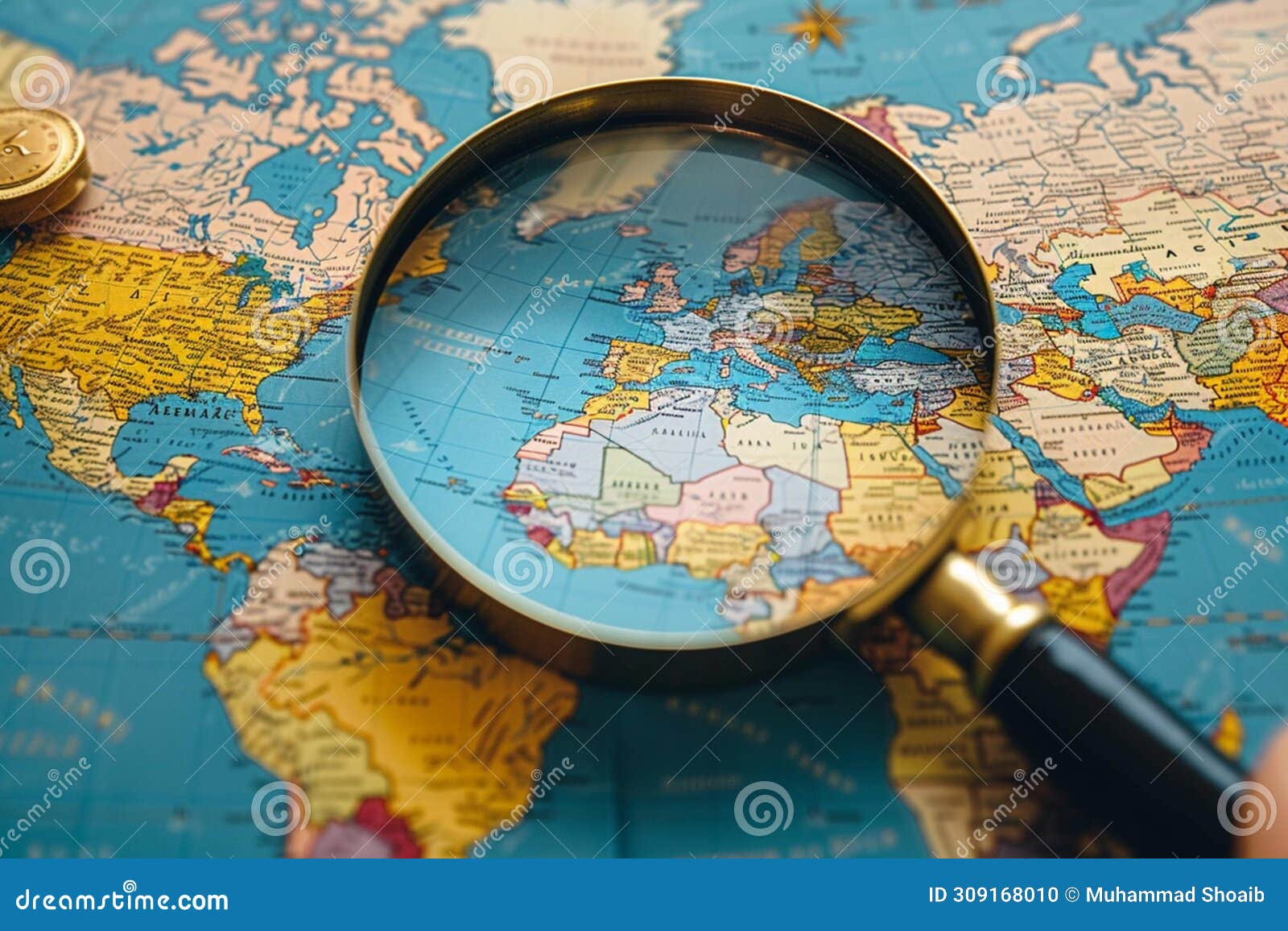 Seeking Adventure Magnifying Glass Zooms In On World Map Royalty-Free ...