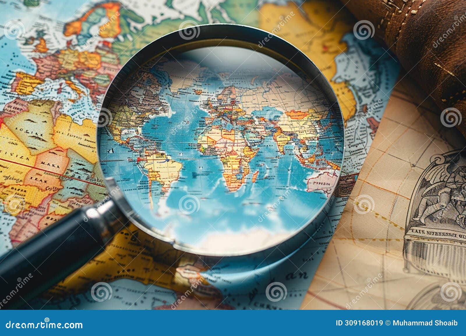 Seeking Adventure Magnifying Glass Zooms in on World Map Stock ...