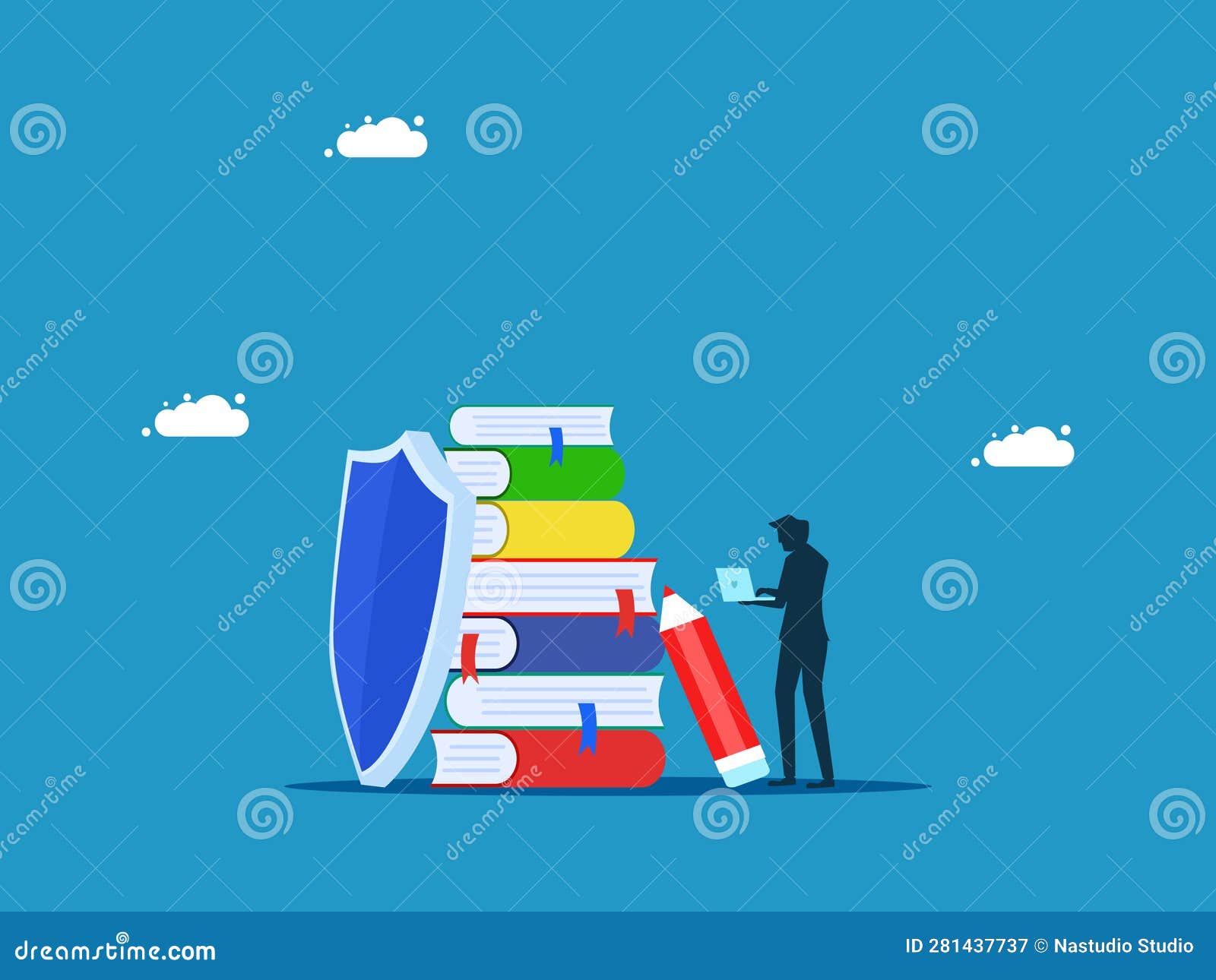Seeking Business Knowledge. Businessman and Shield with Pile of Books ...