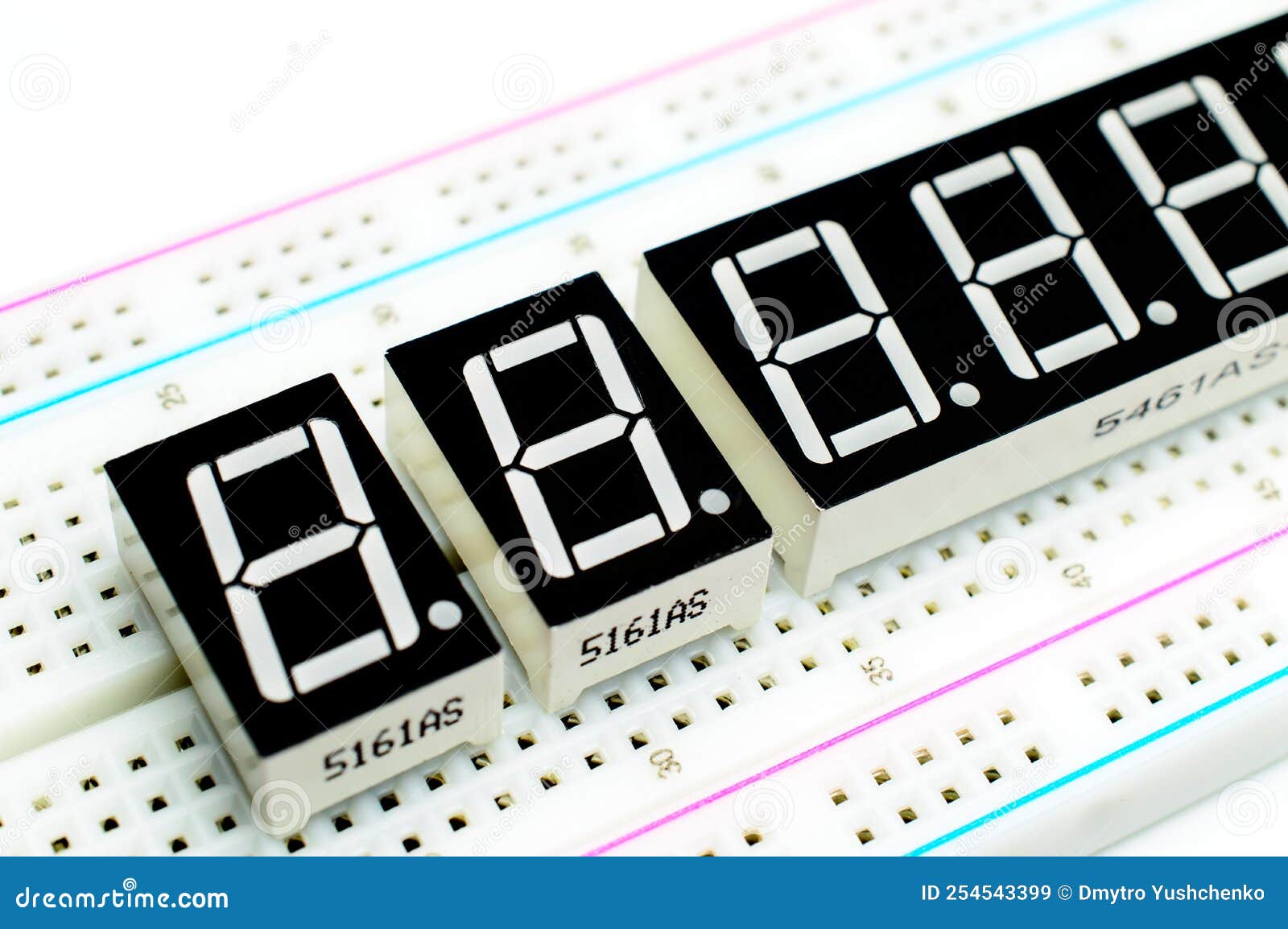 7-segment Arduino Indicators Attached To a Breadboard. Concept of a Technical Project. Selective ...