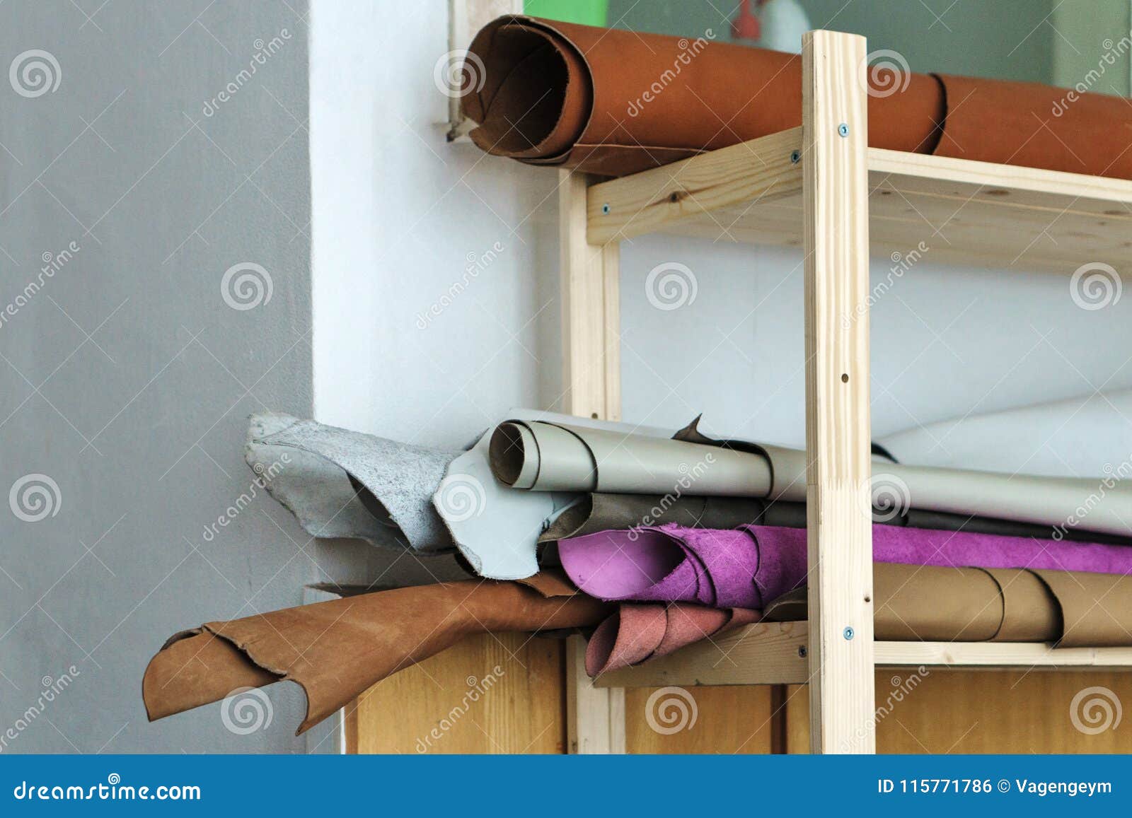 Segments of Leather on Rack Stock Photo - Image of storage, shelf ...