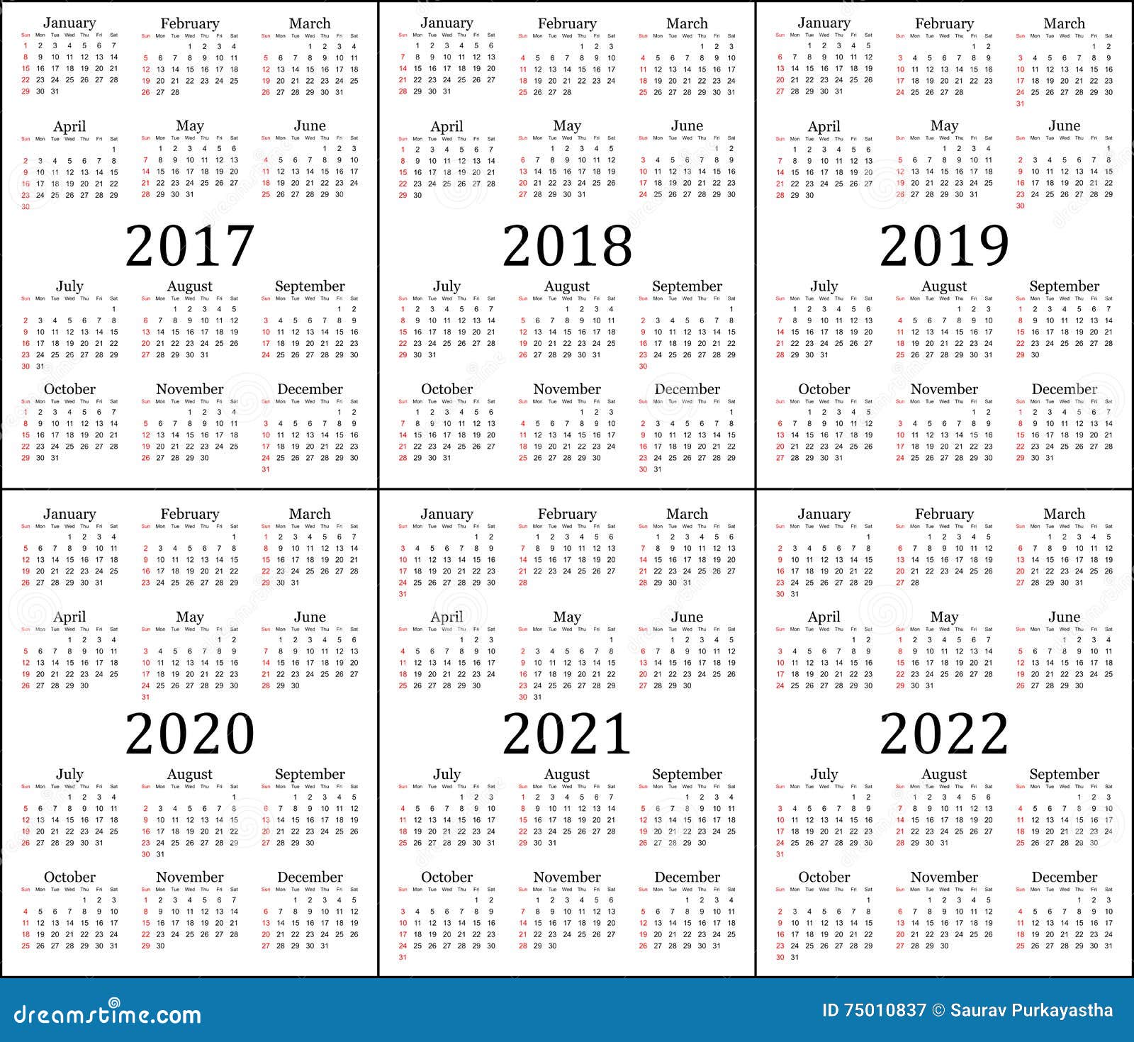 Seis Calendários Do Ano - 2017, 2018, 2019, 2020, 2021 E 2022 ...