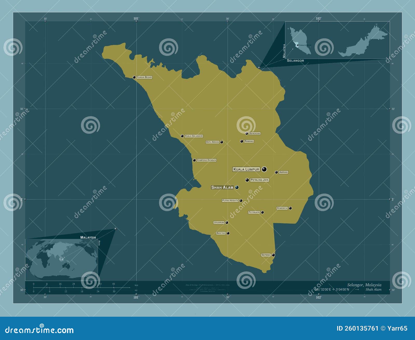 Selangor, Malaysia. Solid. Labelled Points of Cities Stock Illustration ...