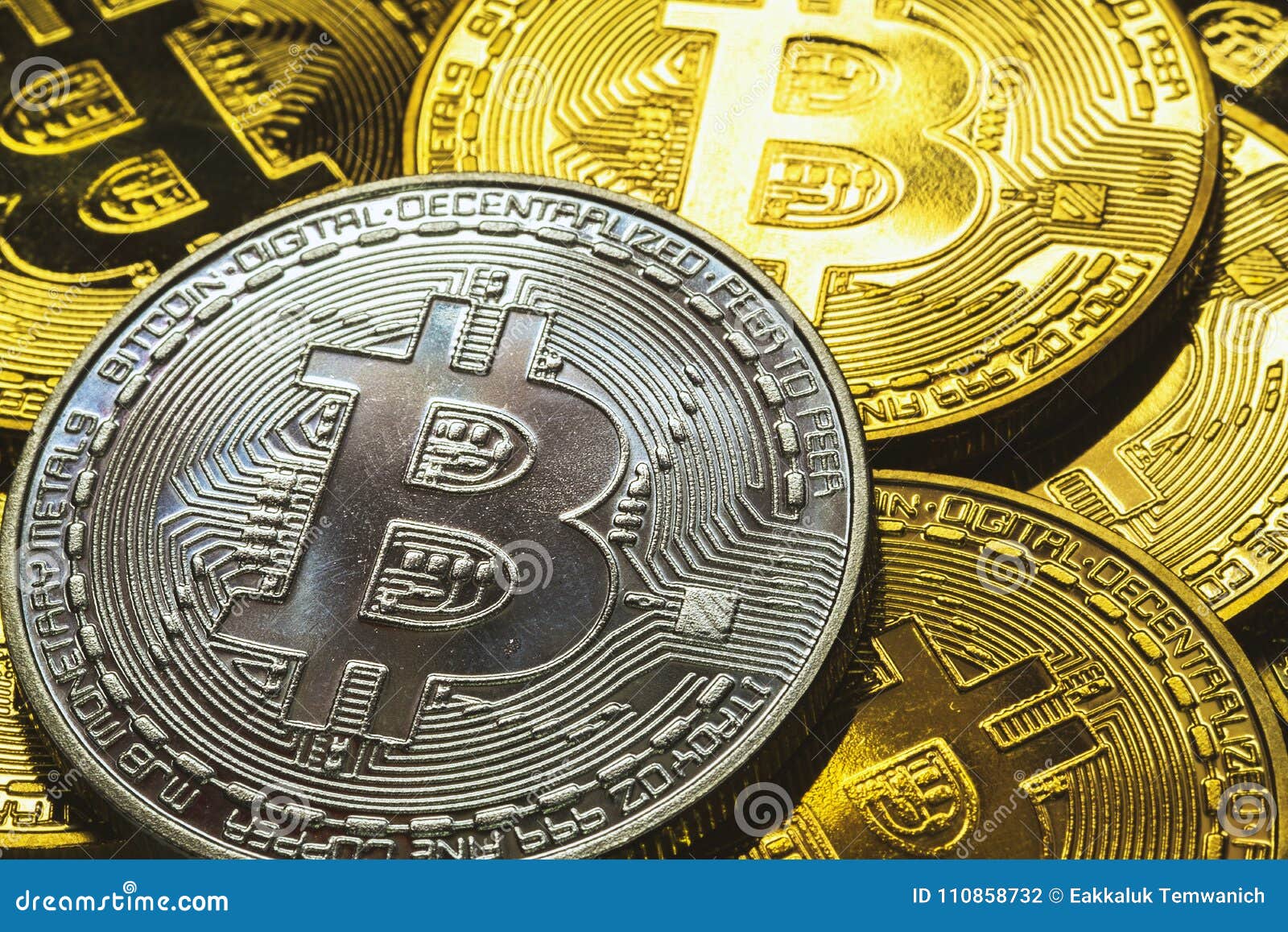 Select Focus Close Up a Stack of Silver and Gold Bitcoins with Gold ...