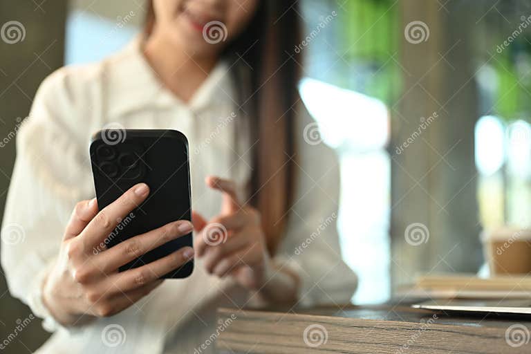 Select Focus on Woman Typing Text Message on Mobile Phone Stock Image ...