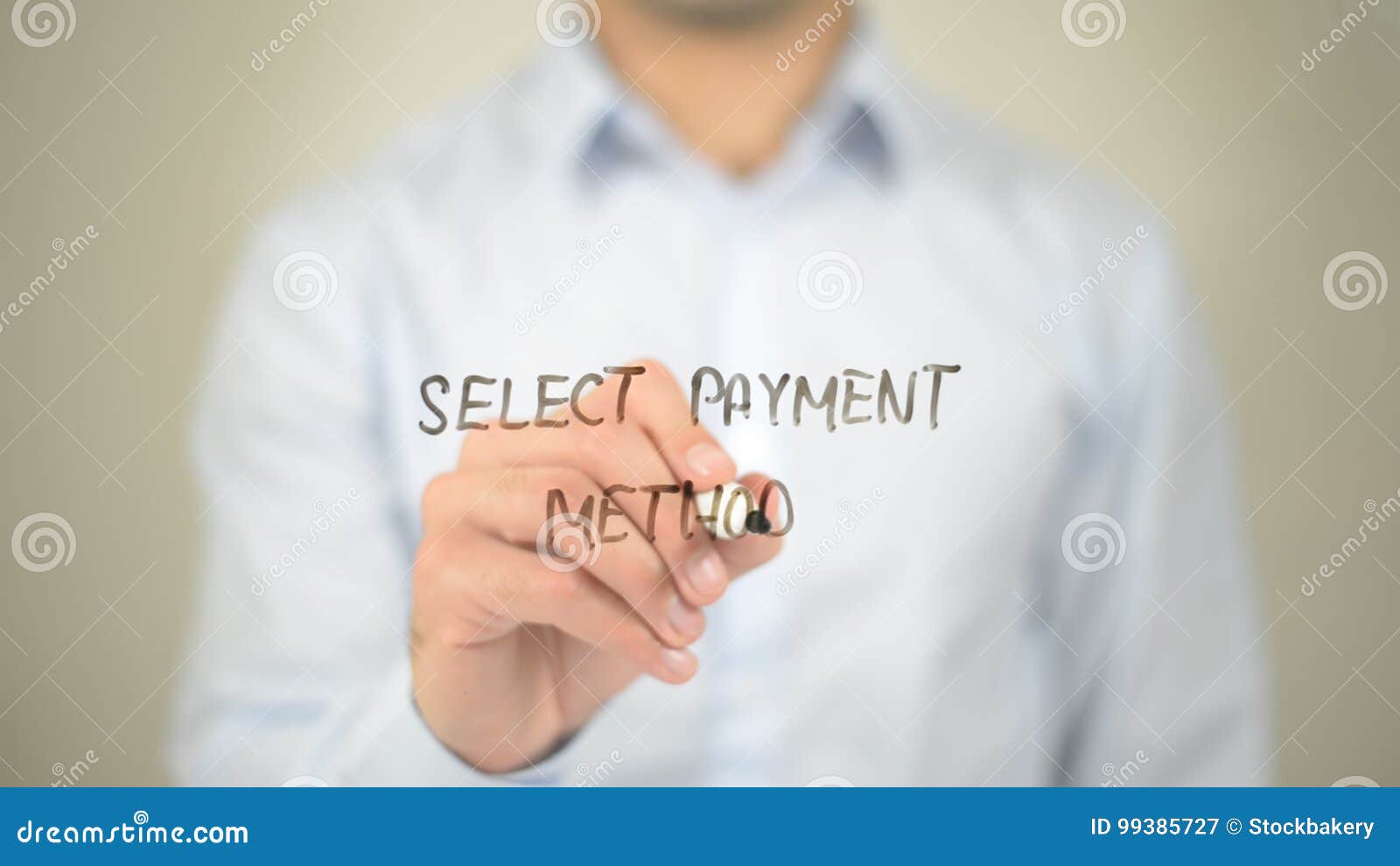Select Payment Method, Man Writing on Transparent Screen Stock Image ...