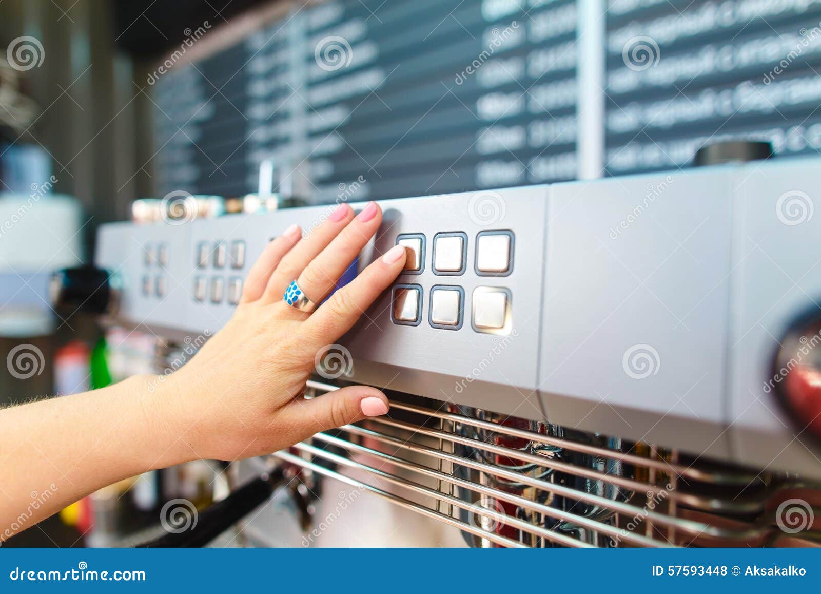 Selected Focus on the Hands of Professional Barista Pushing the Button ...