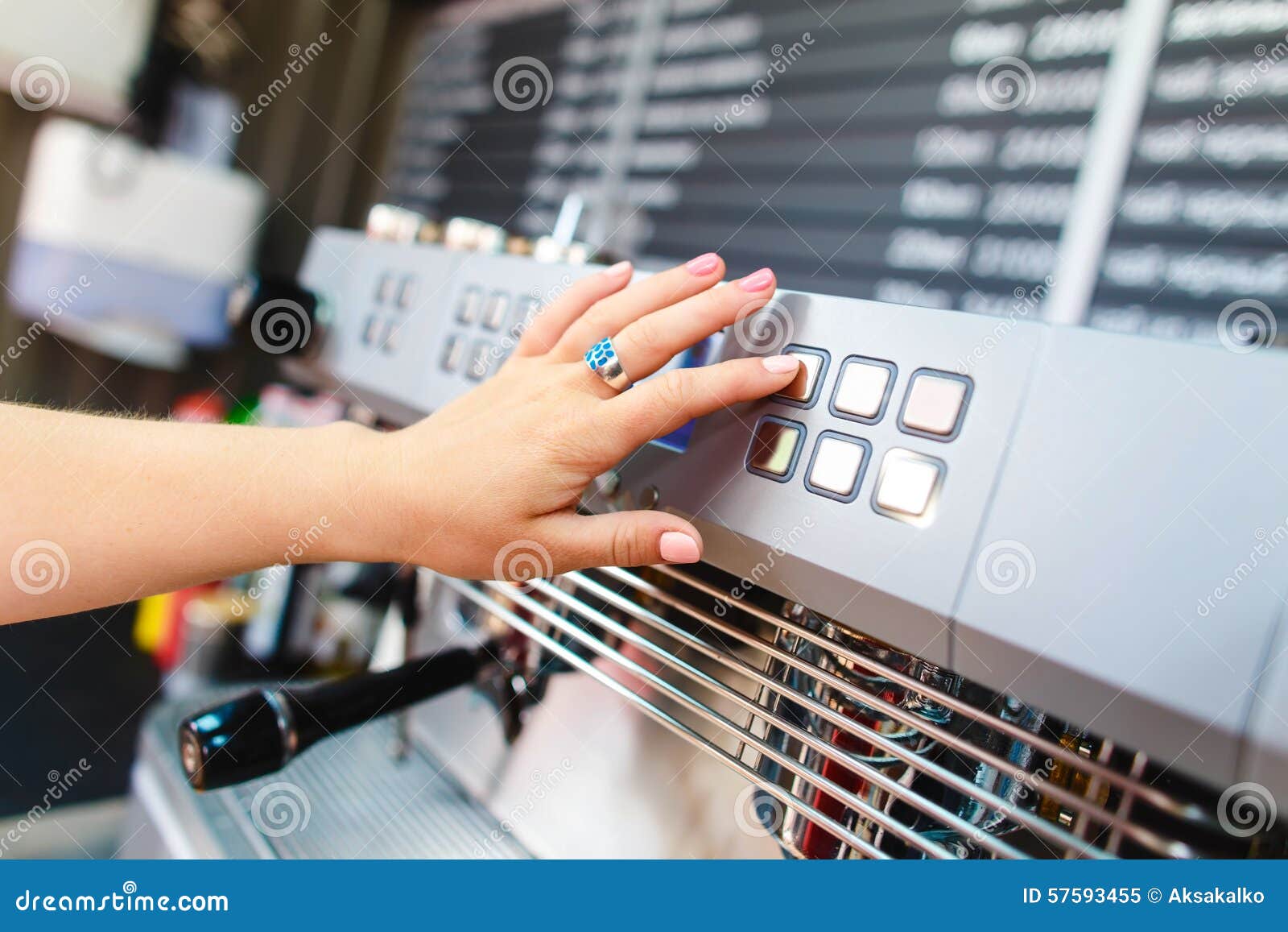 Selected Focus on the Hands of Professional Barista Pushing the Button ...