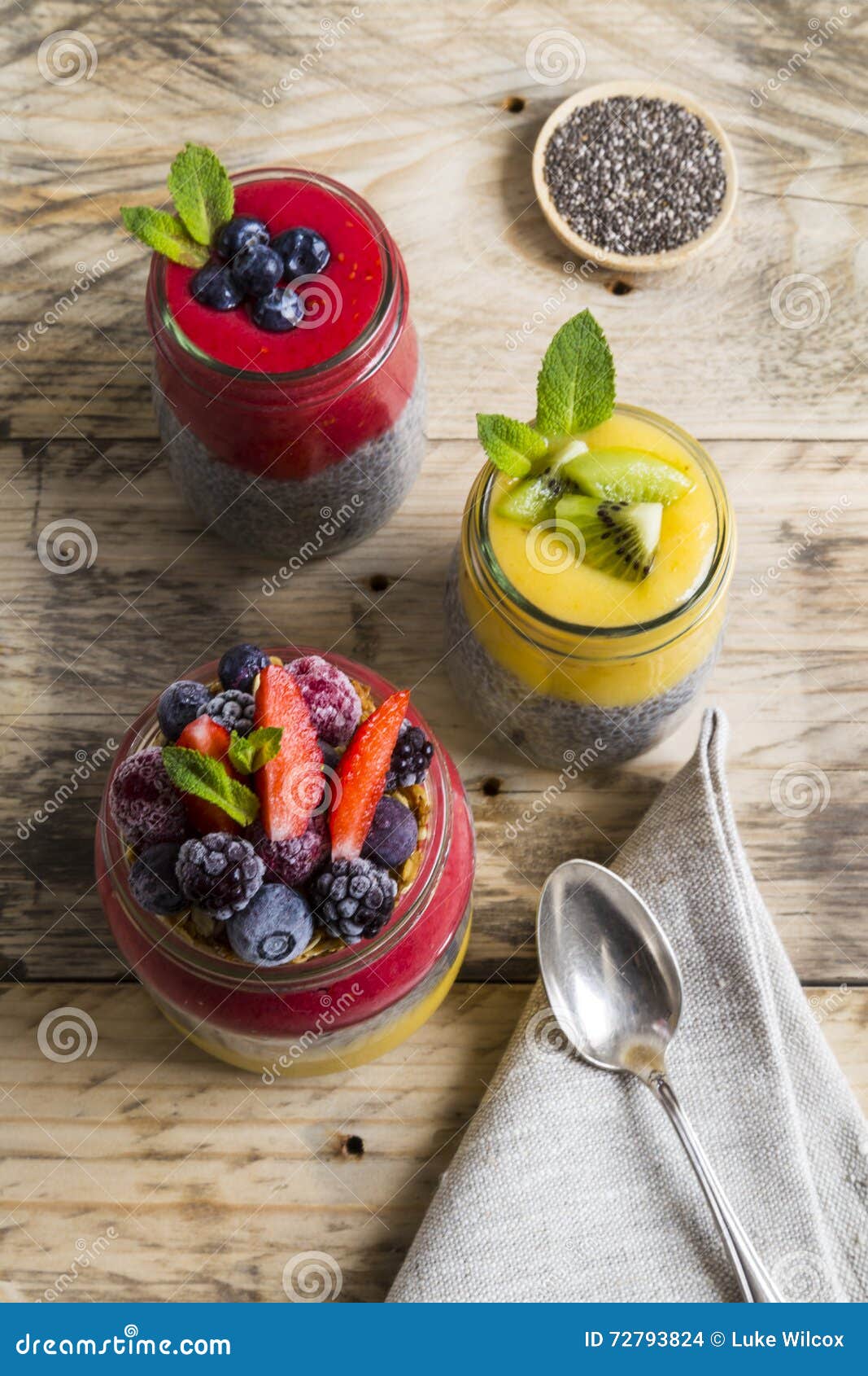 Selection of chia puddings stock photo. Image of berries - 72793824
