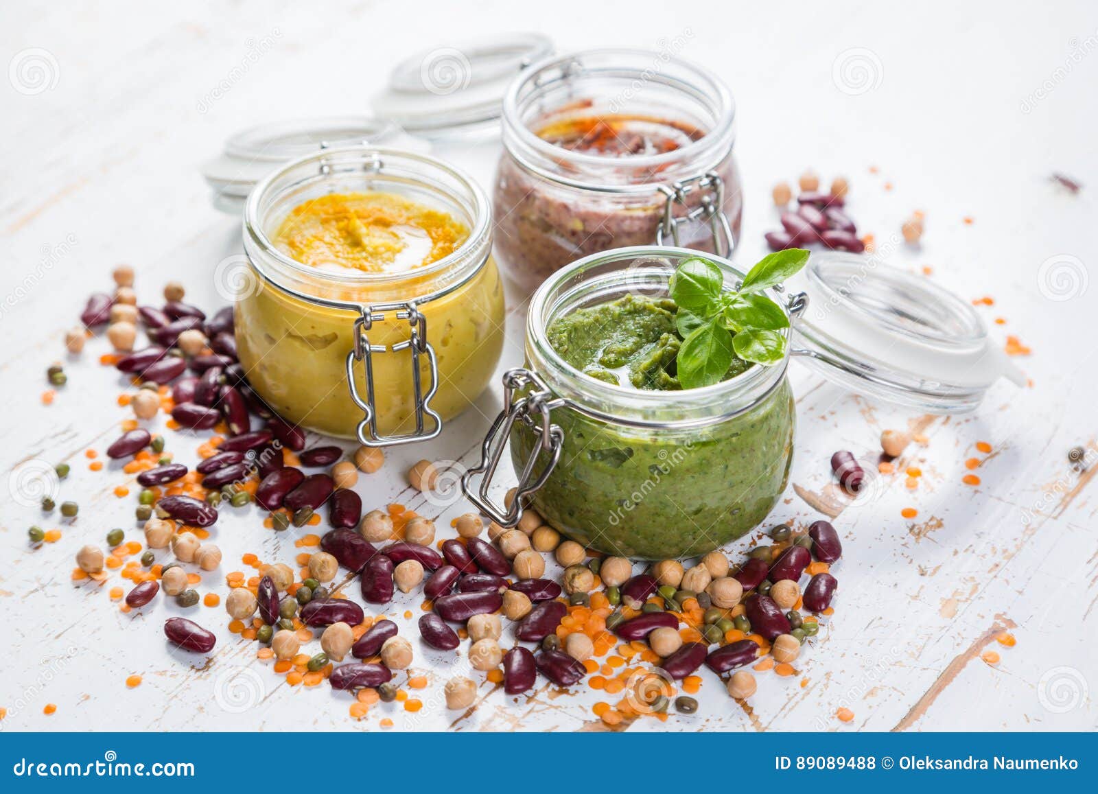 Selection of Colorful Hummus in Jars Stock Photo - Image of meze ...