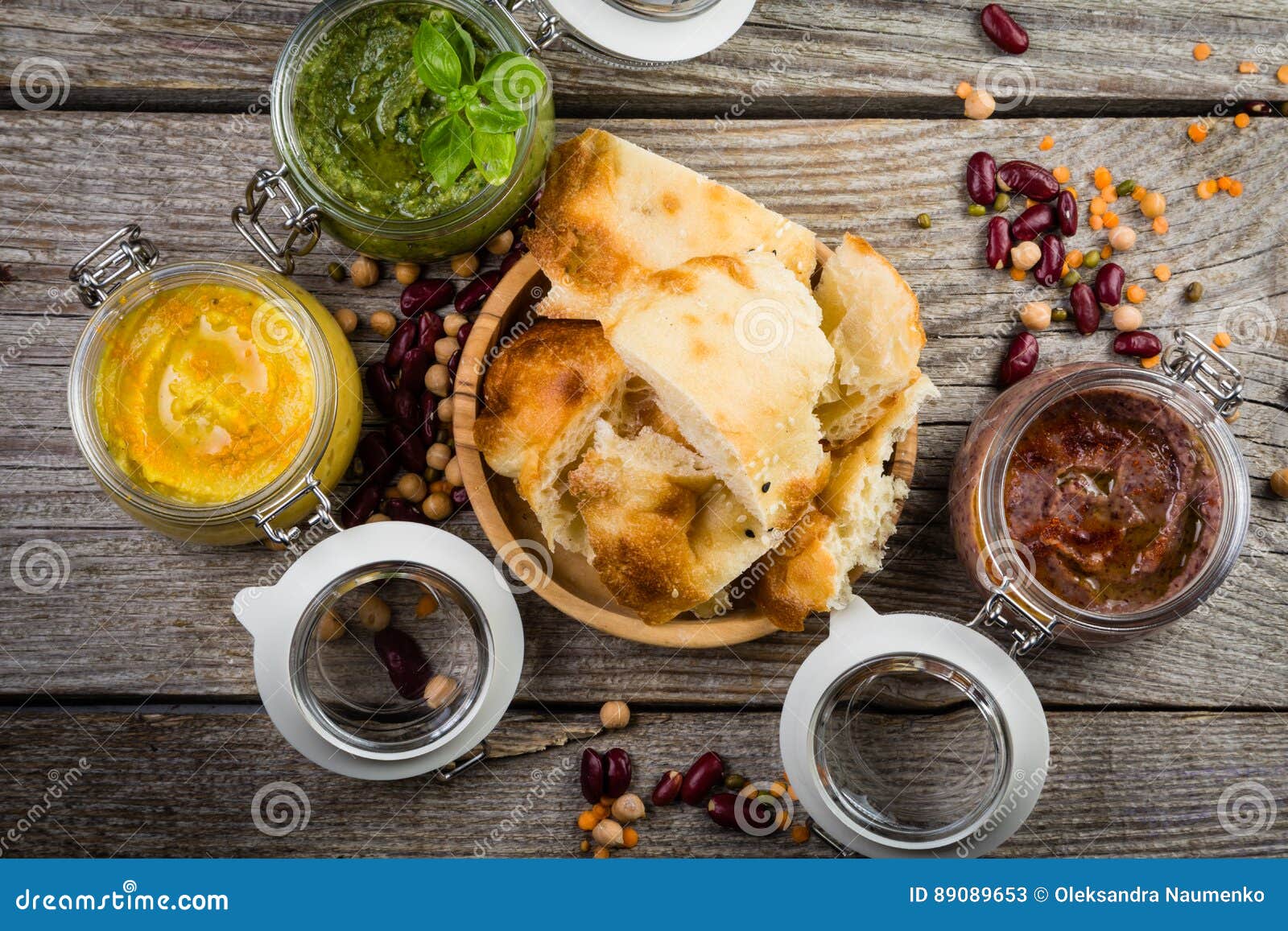 Selection of Colorful Hummus in Jars Stock Image - Image of rustic ...