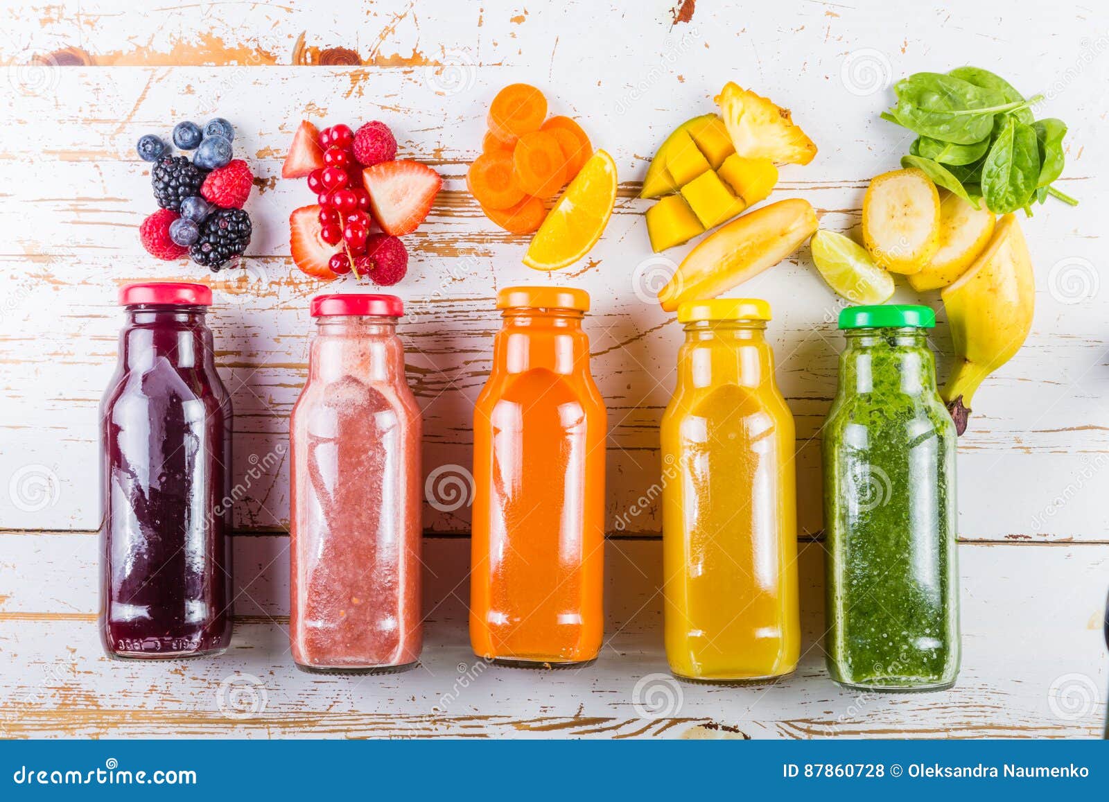 Selection of Colourful Smoothies on Rustic Wood Background Stock Photo ...