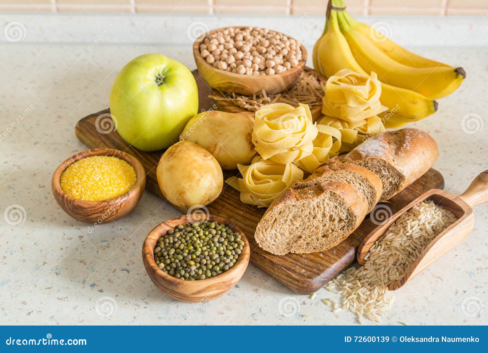 Selection of Comptex Carbohydrates Sources on Wood Background Stock ...