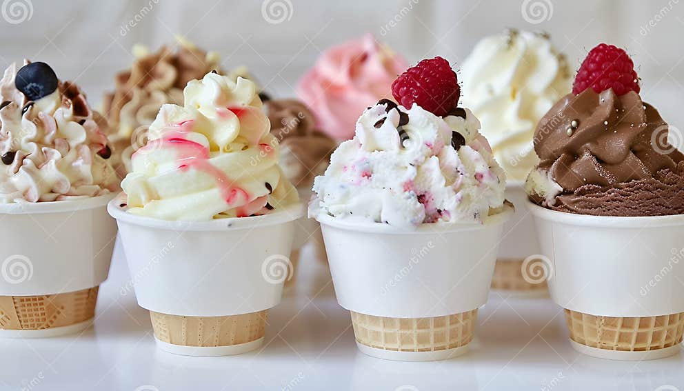Selection of Different Rolled Ice Creams in Cone Cups Stock Photo ...