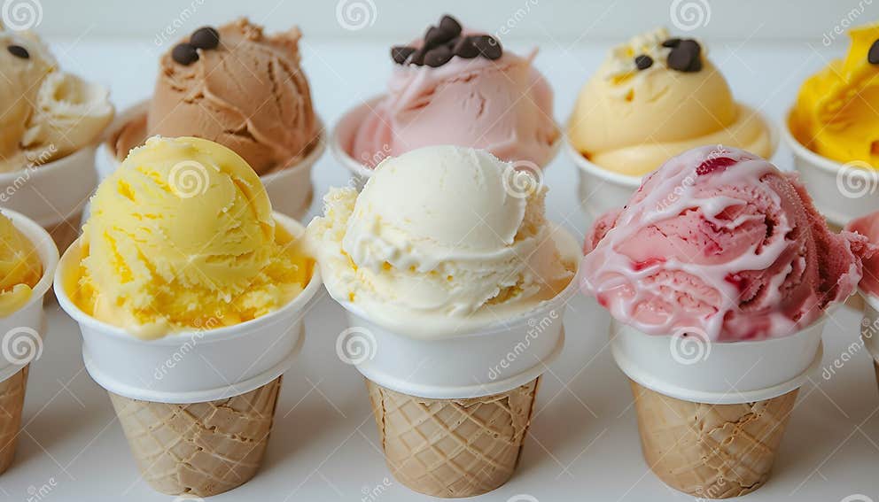 Selection of Different Rolled Ice Creams in Cone Cups Stock Photo ...