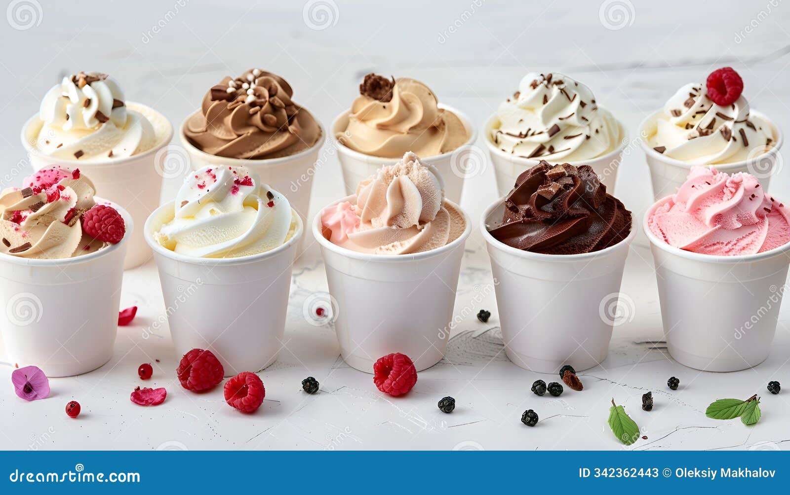 Selection of Different Rolled Ice Creams in Cone Cups Stock Image ...