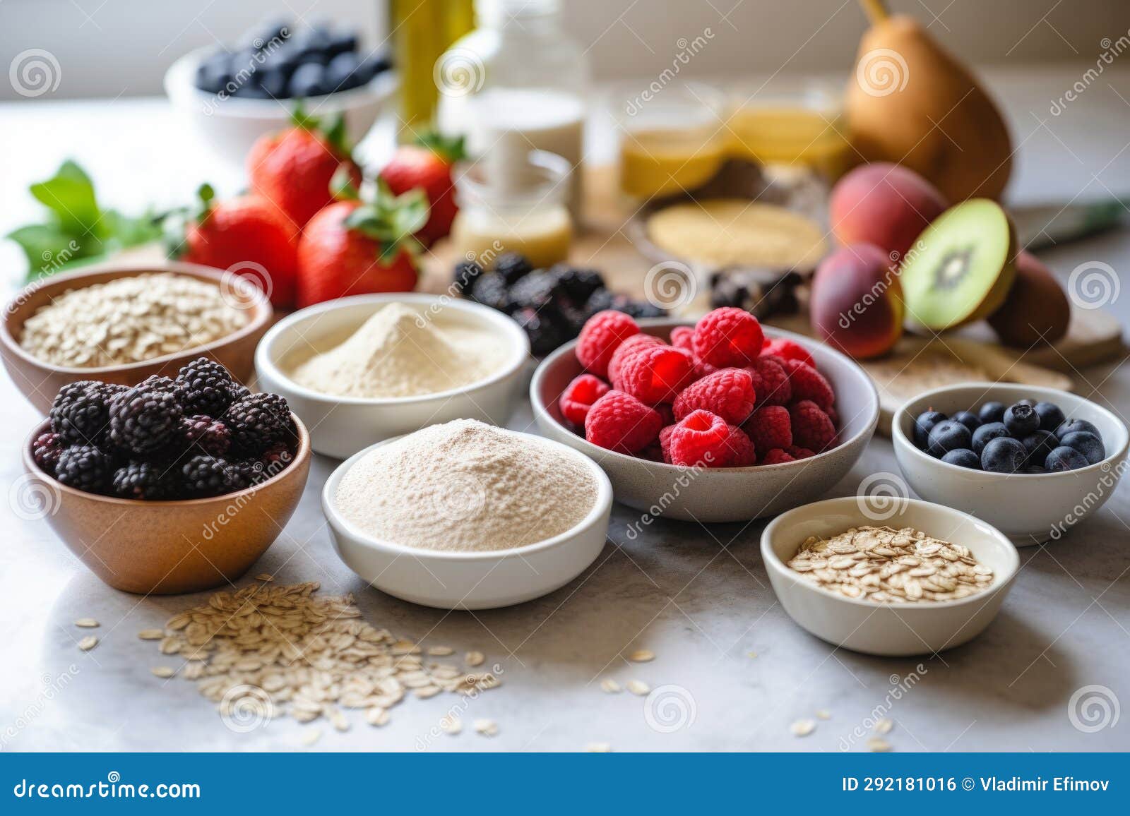 Selection of Different Types of Food on White Table Stock Photo - Image ...
