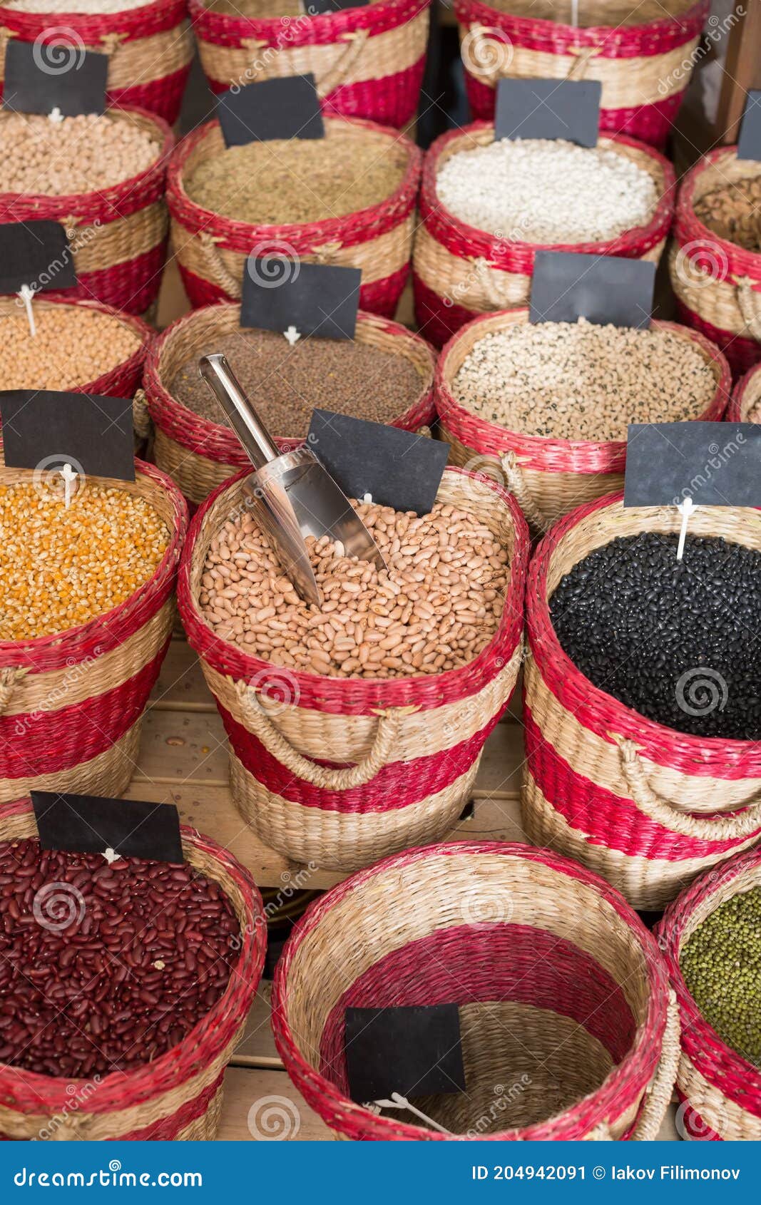 Selection of Dry Beans Packed in Baskets on Bazar Stock Image - Image ...