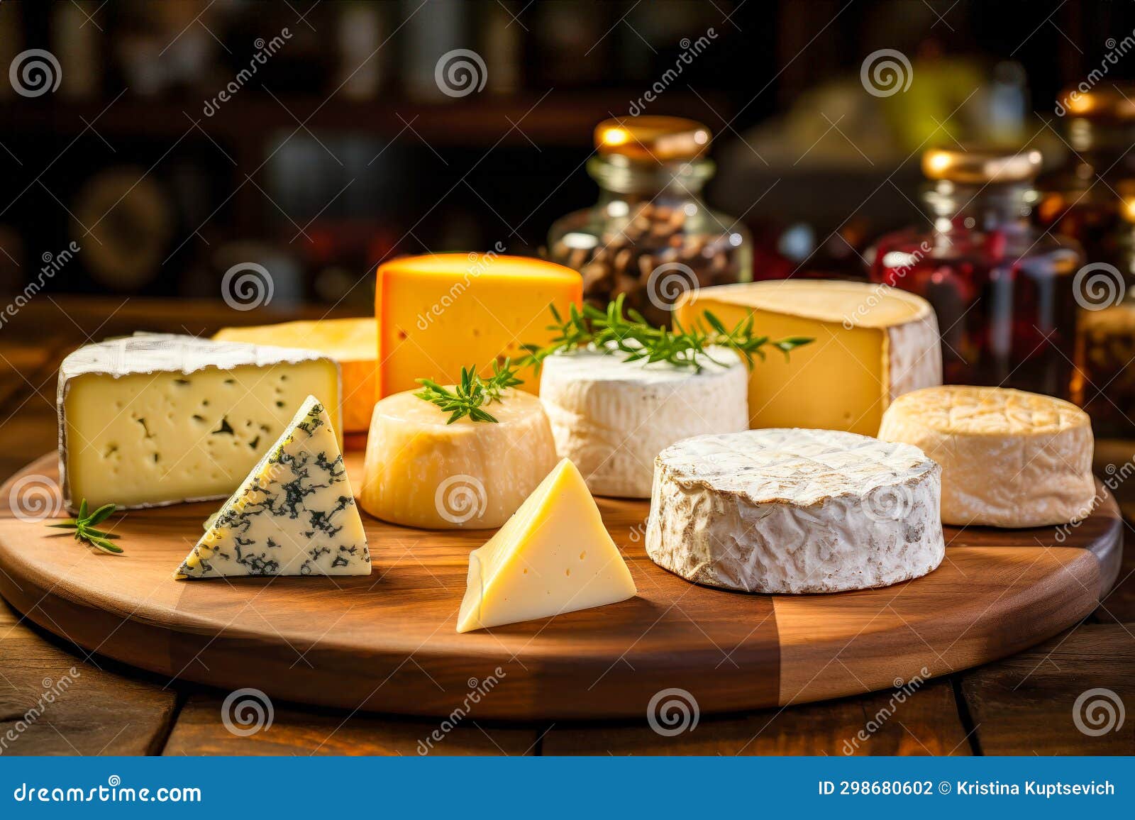 Selection of Fine Cheeses with Spices Against Rustic Interior Backdrop ...