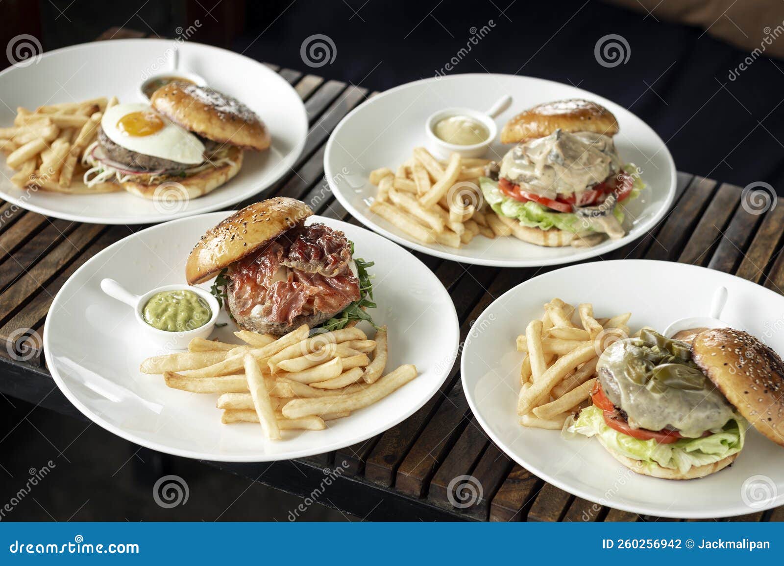 Selection of Many Different Burgers on Restaurant Table Stock Photo ...