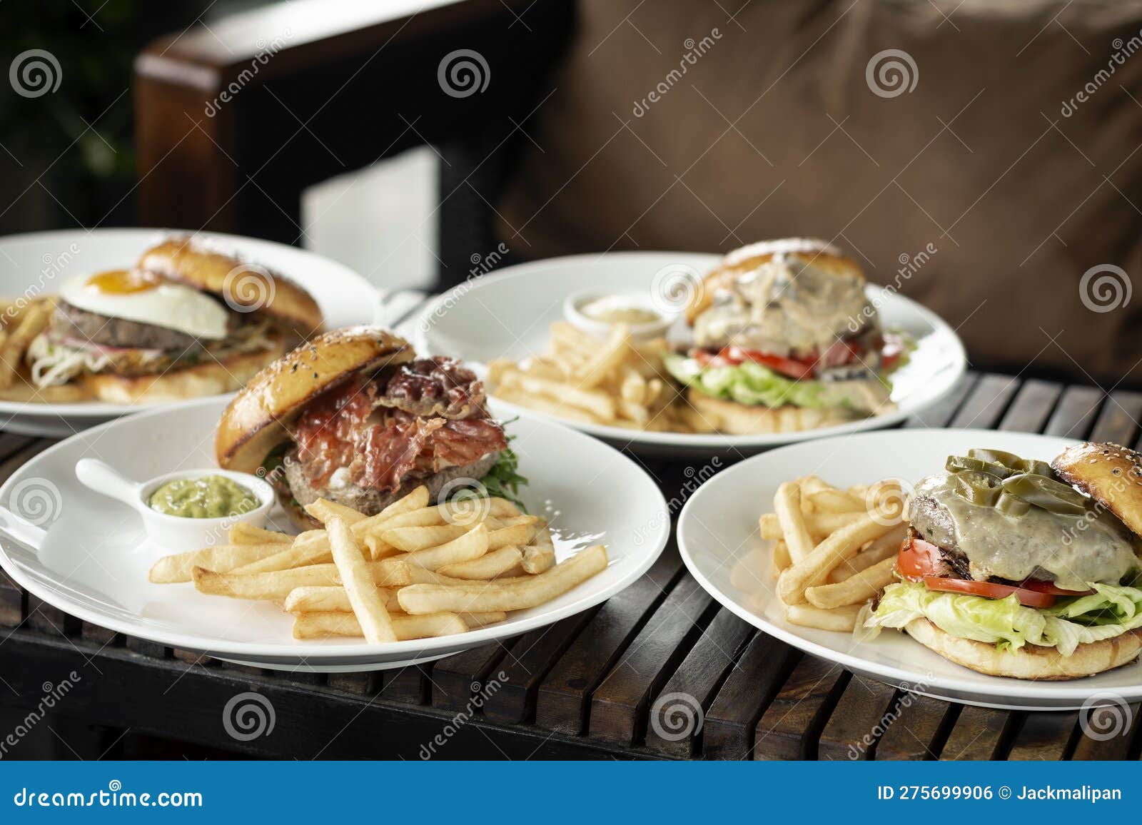 Selection of Many Different Burgers on Restaurant Table Stock Photo ...