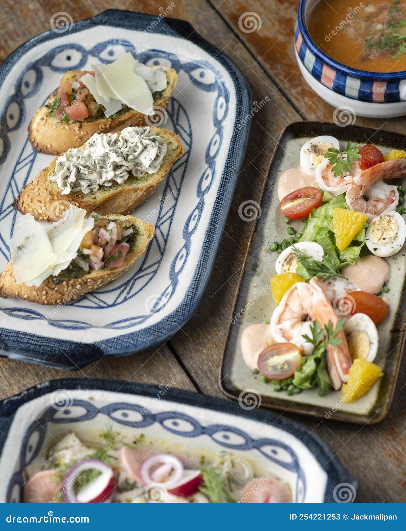 Selection of Many Different Tapas on Rustic Wood Table Stock Image ...