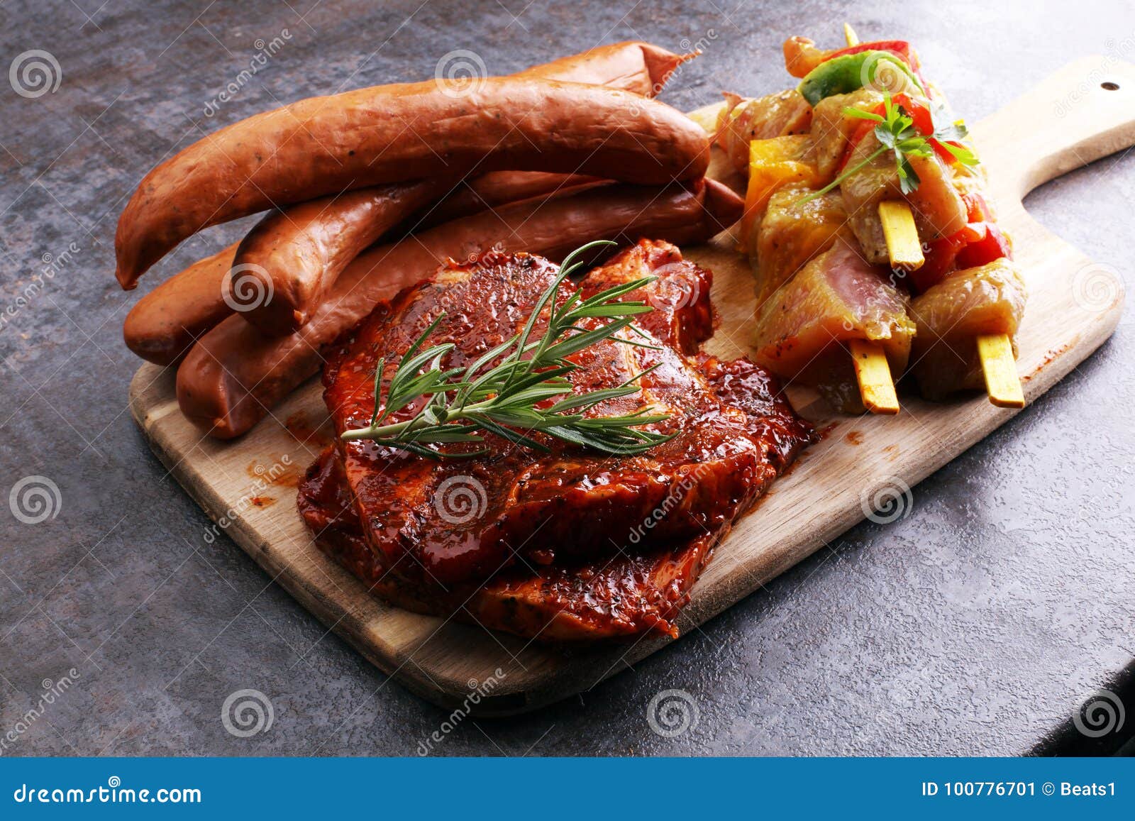 Selection of Marinaded Meat for Bbq Grilling with Herbs on Table Stock ...