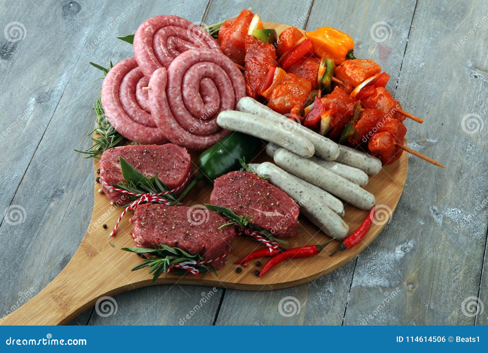 Selection of Marinaded Meat for Bbq Grilling with Herbs on Table Stock ...