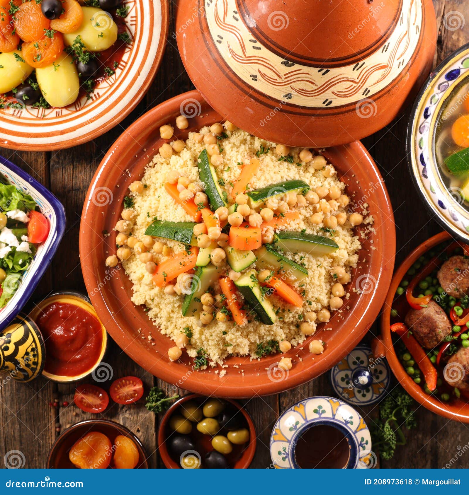 Selection of moroccan dish stock photo. Image of buffet - 208973618