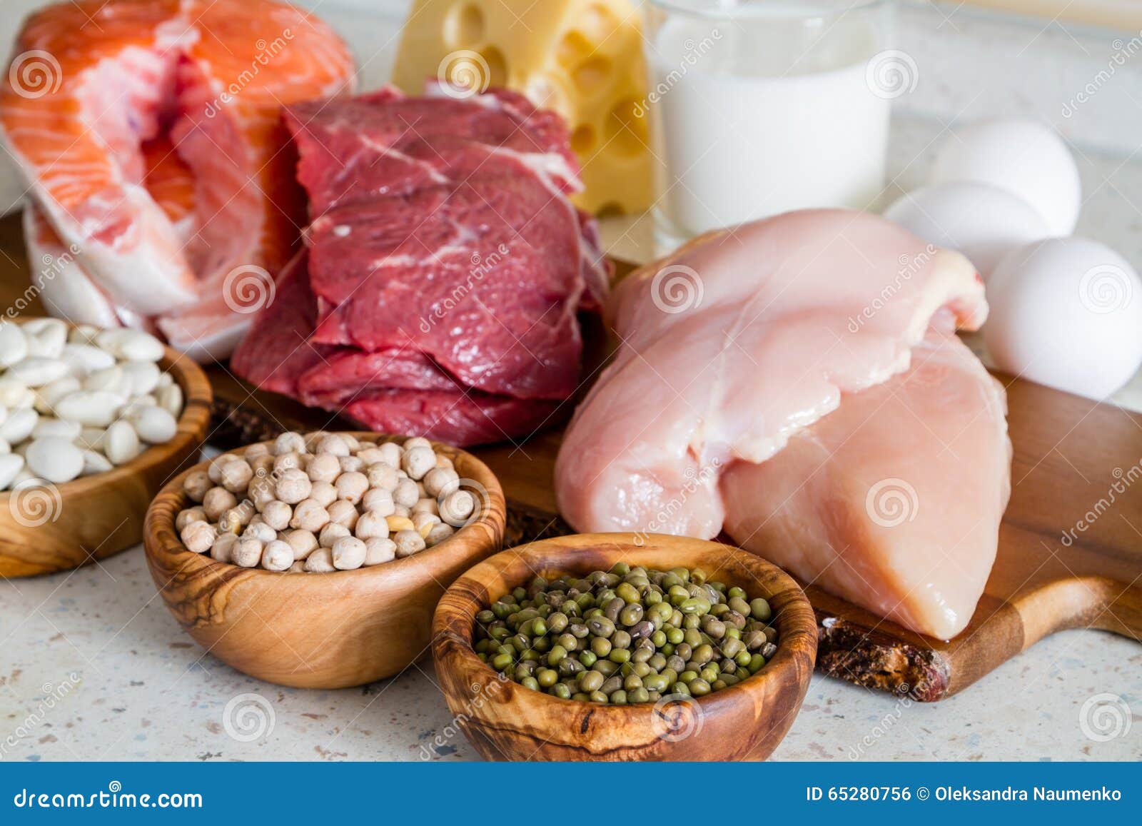 Selection of Protein Sources in Kitchen Background Stock Photo - Image ...