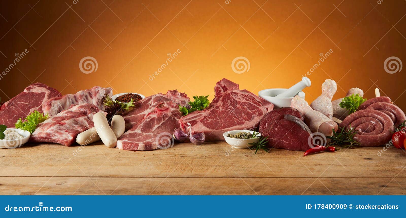 Selection of Raw Meats on Rustic Timber Board Stock Image - Image of ...