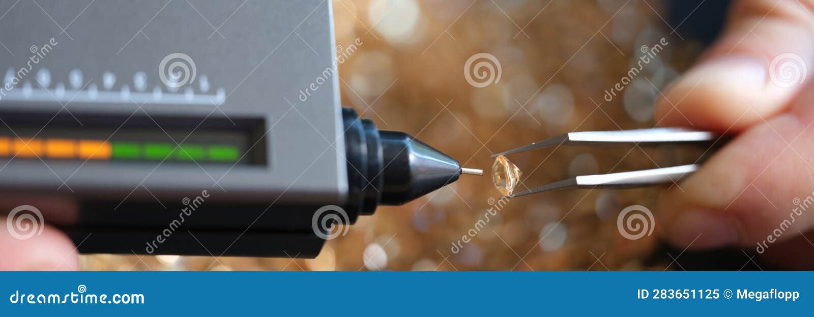 Many Diamonds, Tweezers and Diamond Testing Machine Close Up. Stock ...