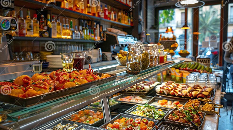 Spanish Tapas Display in Restaurant Stock Illustration - Illustration ...