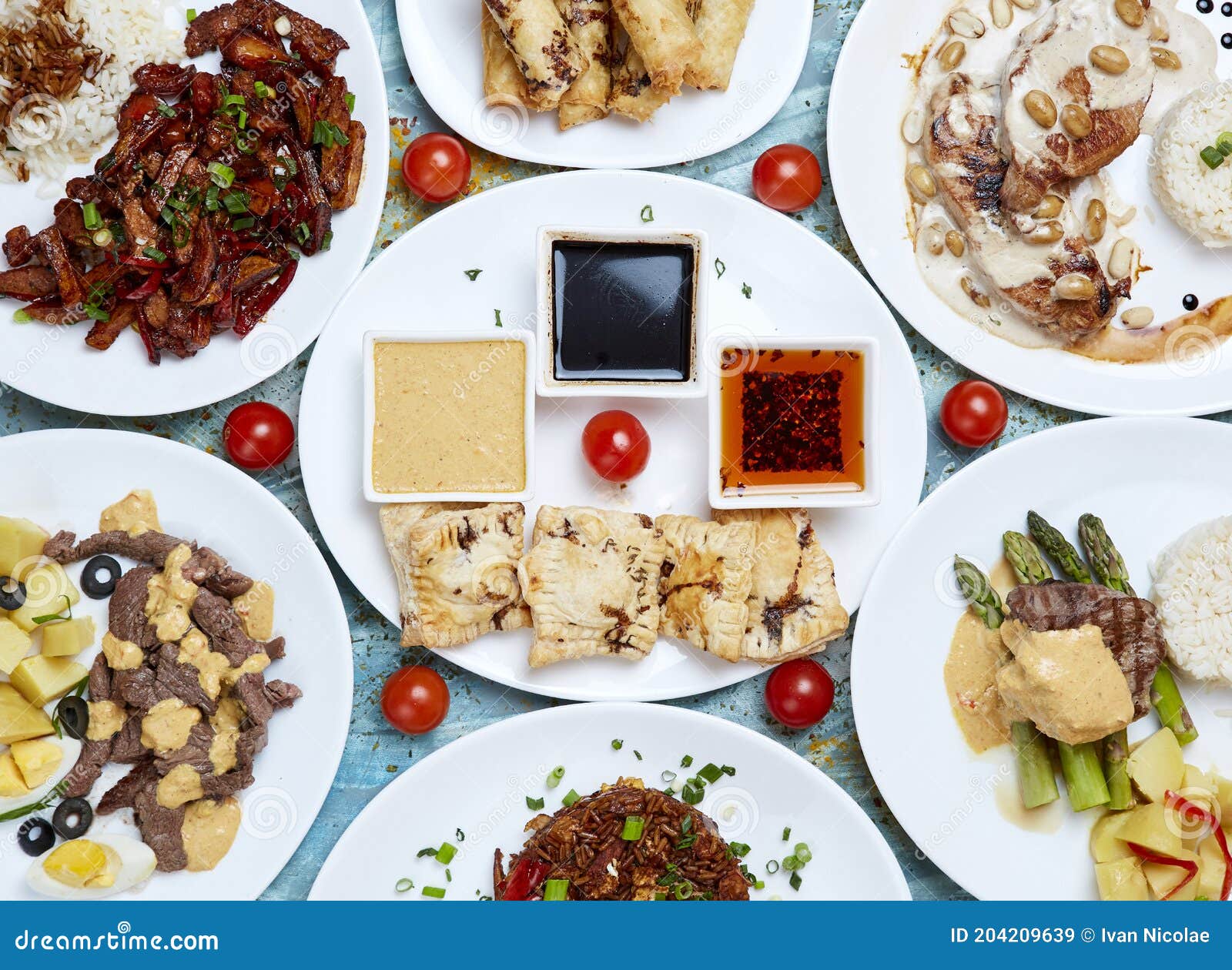 Selection of Peruvian Dishes on White Plates Stock Image - Image of ...