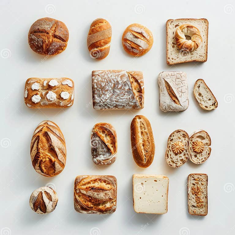 A Selection of Various Breads and Pastries Arranged on a White Surface ...