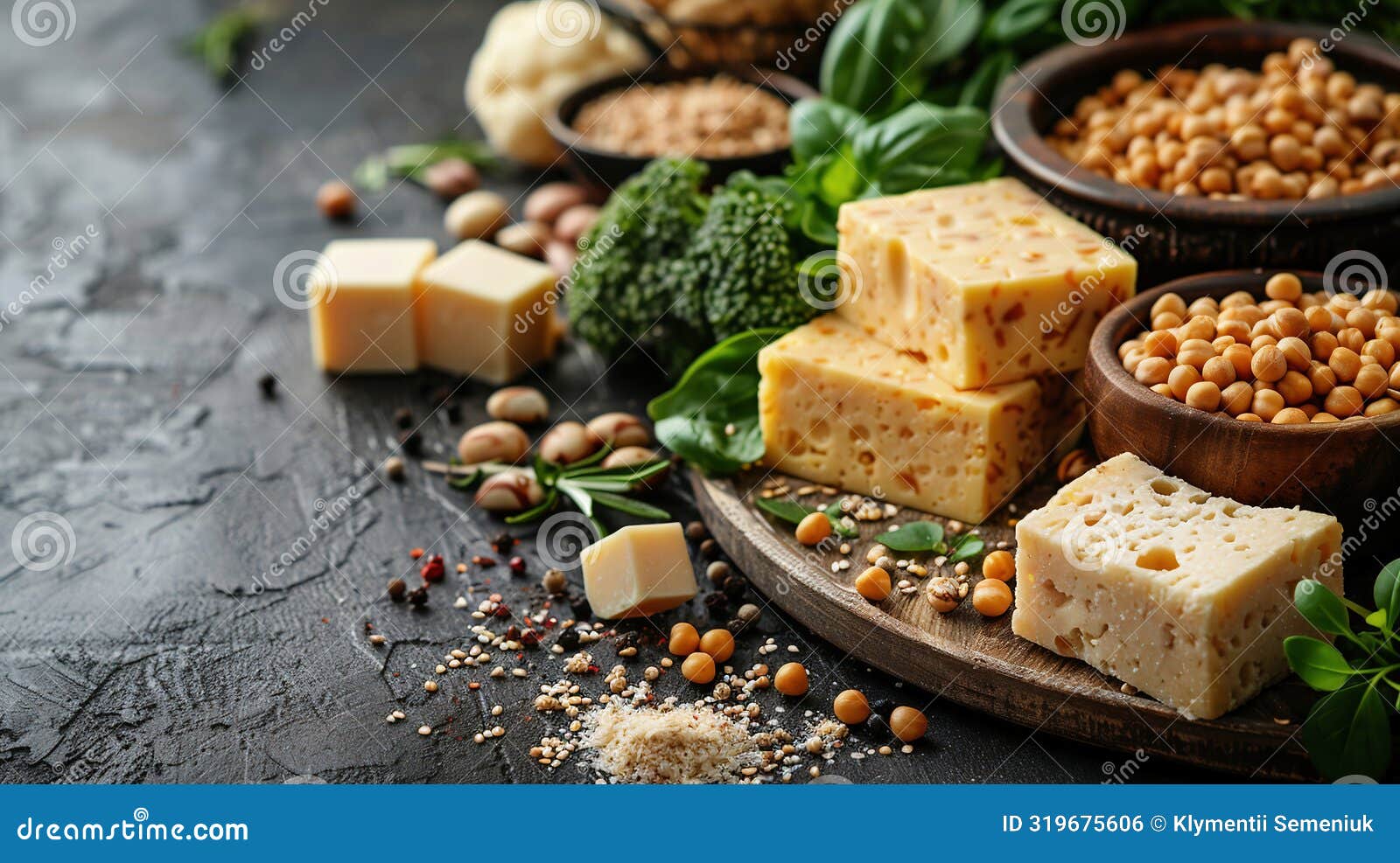 Selection Vegan Protein Sources On Dark Background With Copy Space