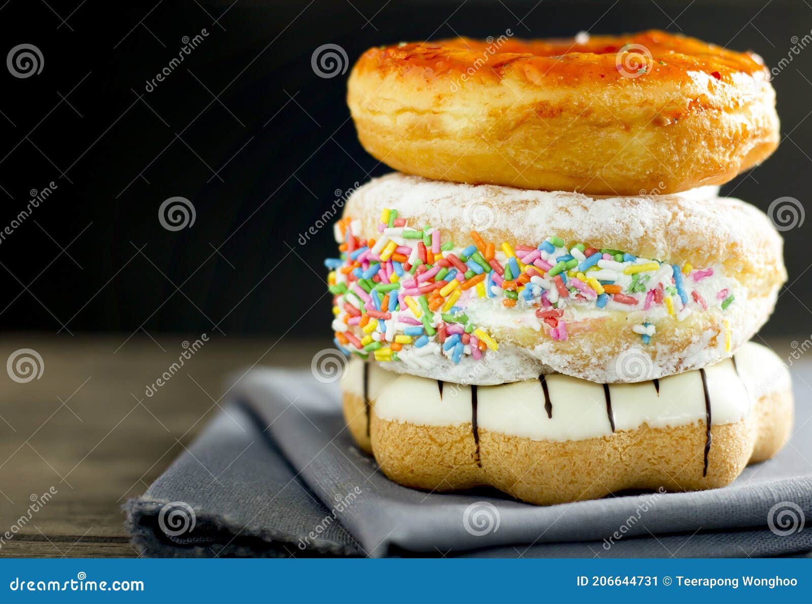 Selective Close Up Photo Focus Stacked Dessert Donuts Or Doughnut For