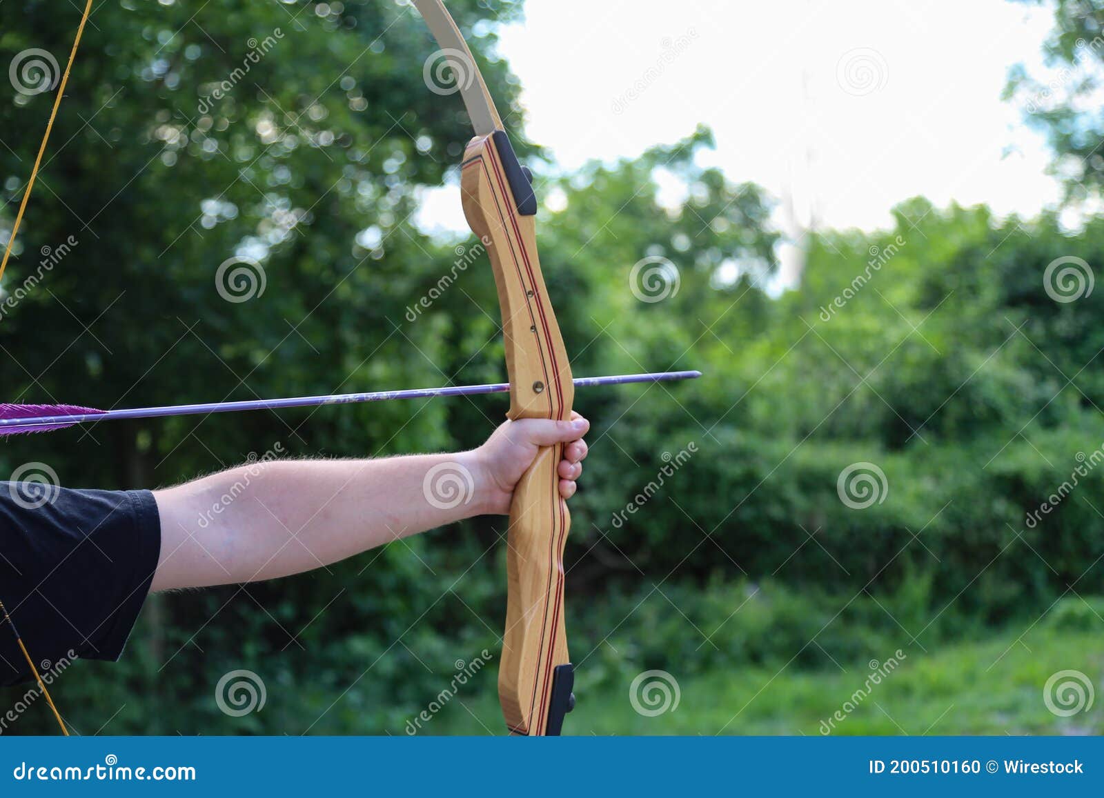 Selective Closeup Shot of Bow and Arrow Stretch by a Man with Trees and ...