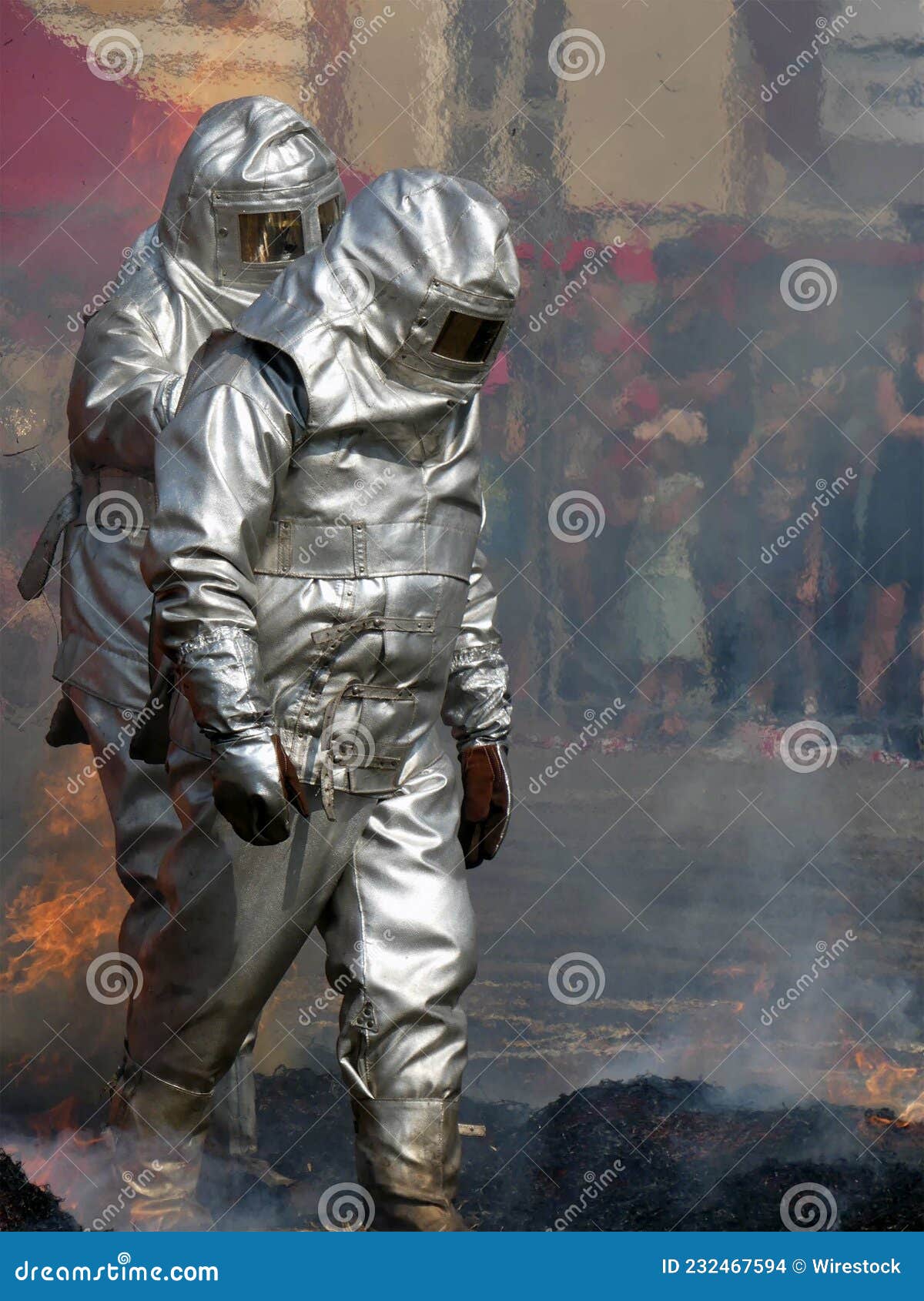 Selective of Firemen in Fire Protection Suits in Flames Stock Photo ...