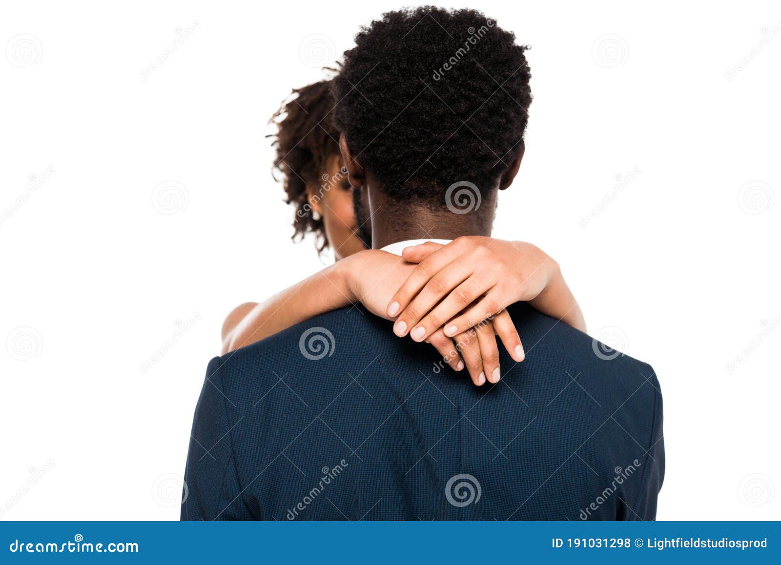 Focus Of African American Woman Hugging Man Isolated On White Stock