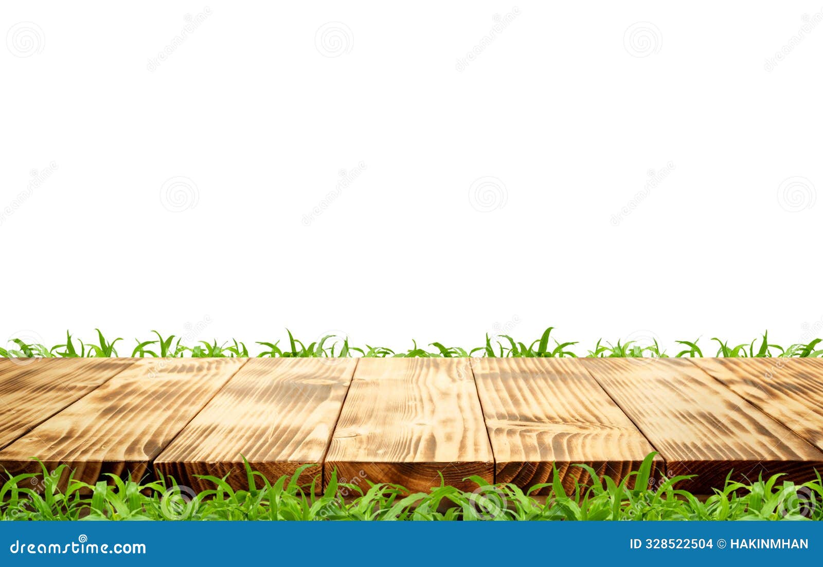 Selective Focus.Beautiful Pine Wood Texture Table Top with Green Grass ...