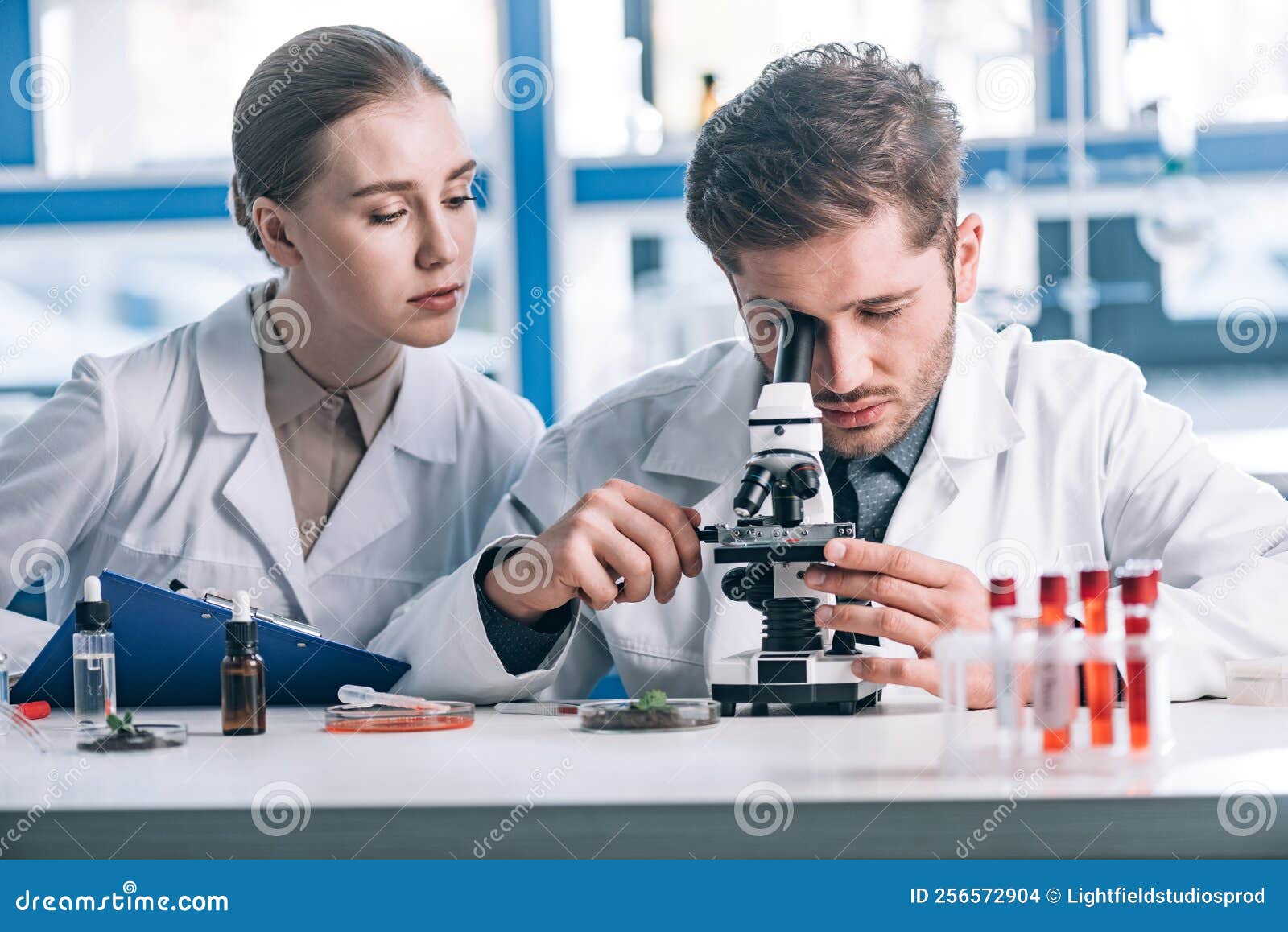 Selective Focus of Biochemist Looking through Stock Photo - Image of ...