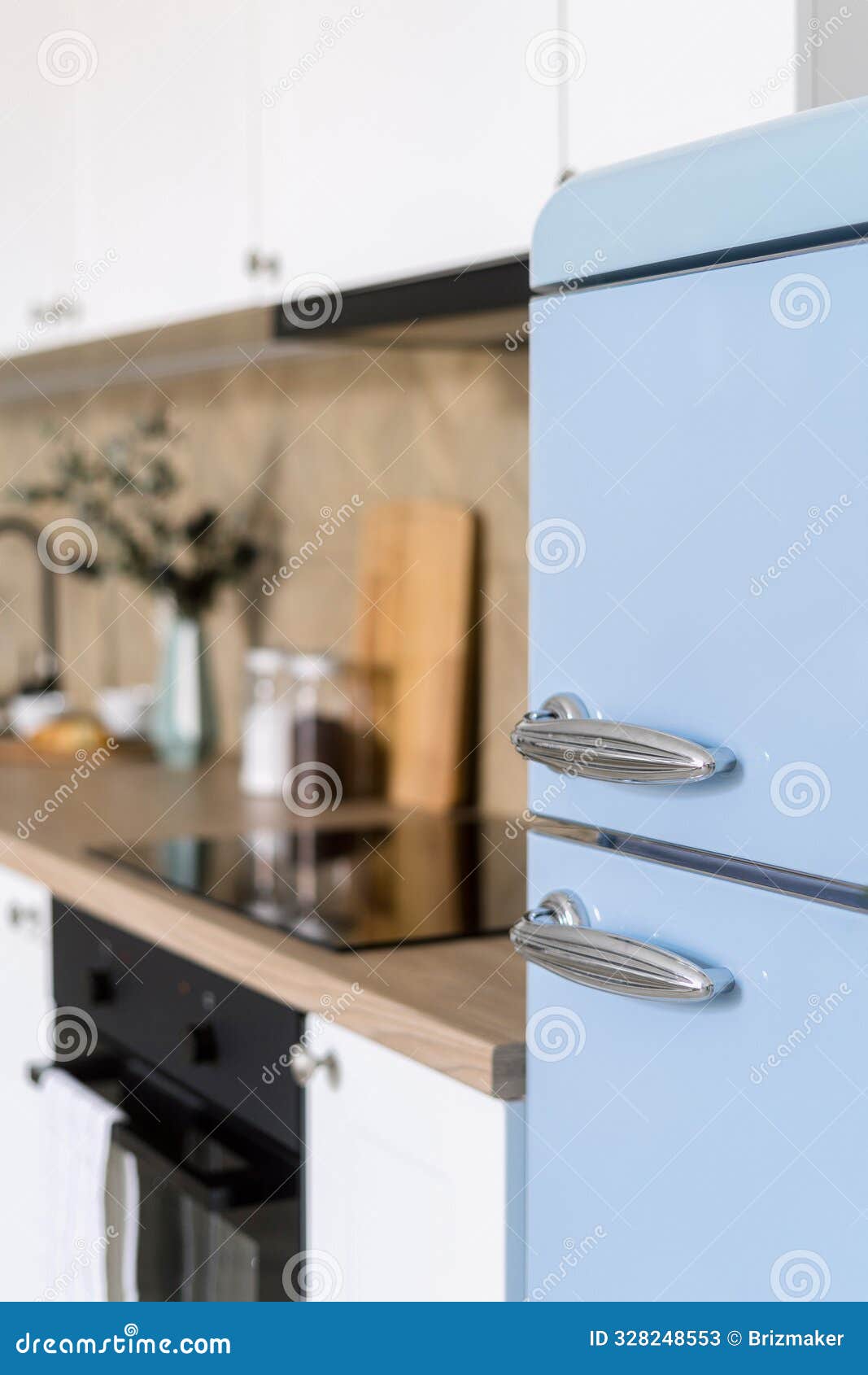 Selective Focus on Blue Refrigerator in Retro Style in Modern Kitchen ...